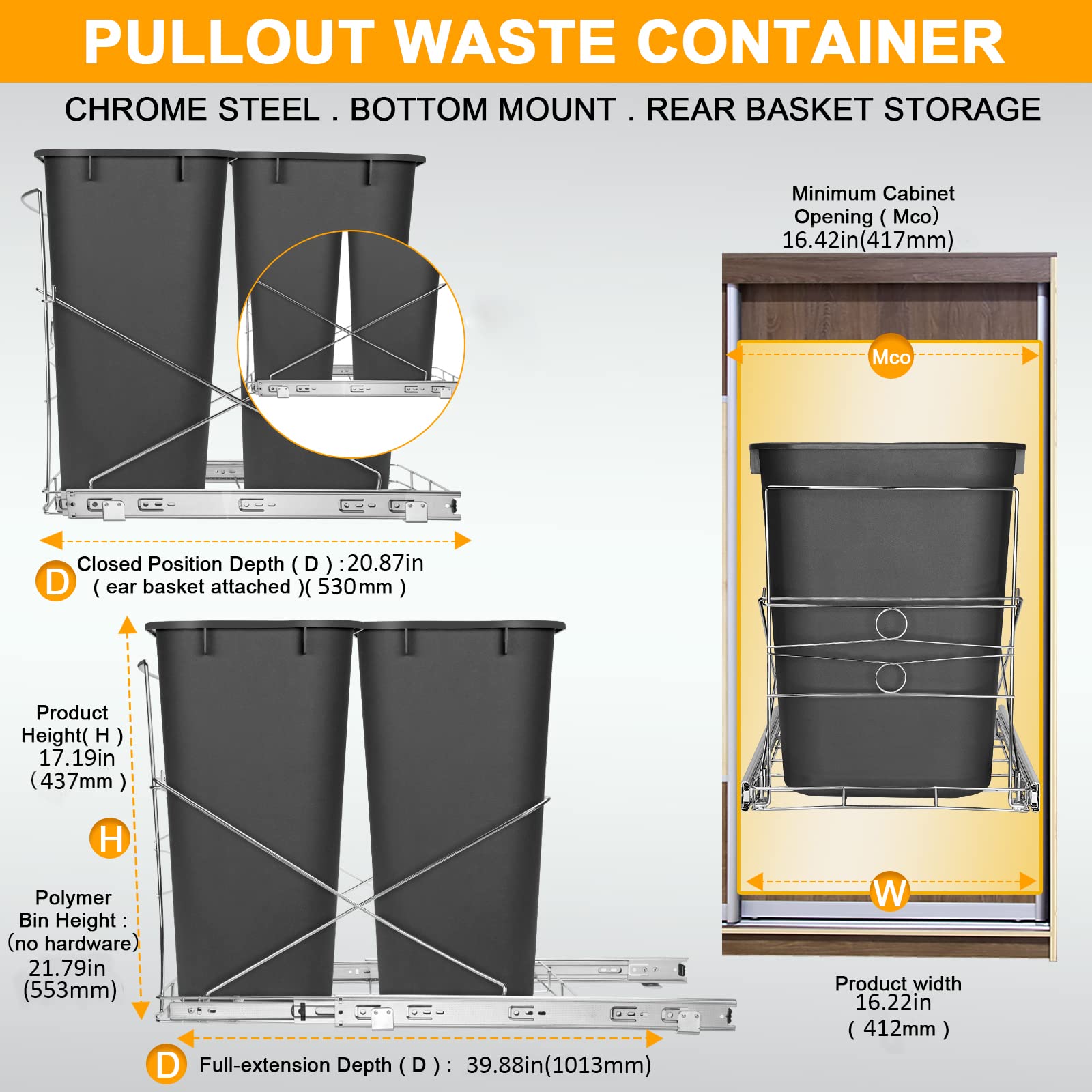 ThyLove Adjustable Under Cabinet Trash Can Organizer, Steel, 11 Gallon Capacity, Single B
