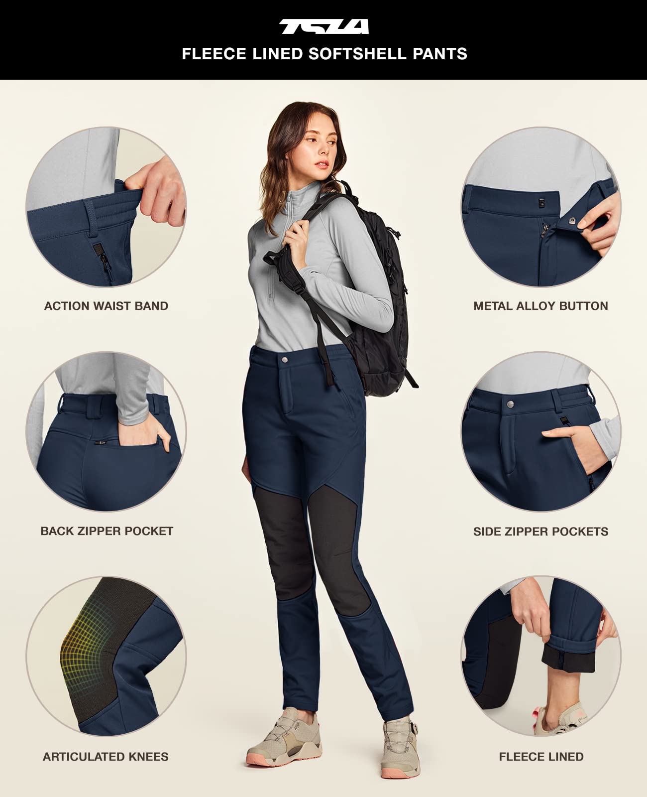 TSLA Women's Softshell Winter Snow Ski Pants, Fleece Lined Waterproof Hiking Pants, Insulated Work Outdoor Pants, 2-layer Reinforced Knee Navy, Large