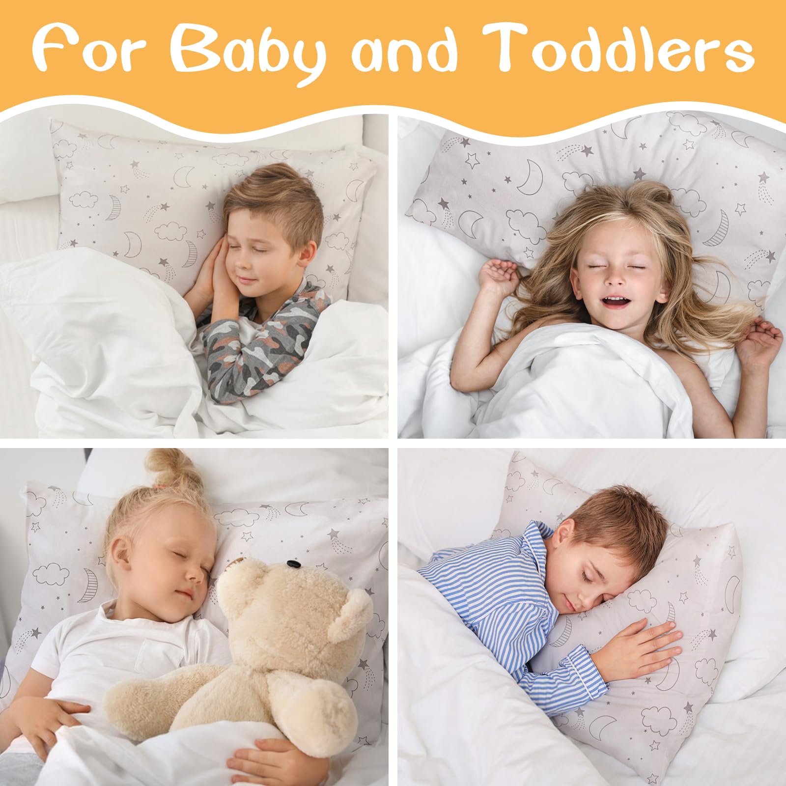 Winmany 2 Pack Toddler Pillow Cases Baby Silk Satin Pillowcases 49 x 36cm Cot Bed Envelope Pillow Cover kids Soft Travel Pillow Pair Cases for Boys Girls Machine Washable (Beige Cloud Moon)