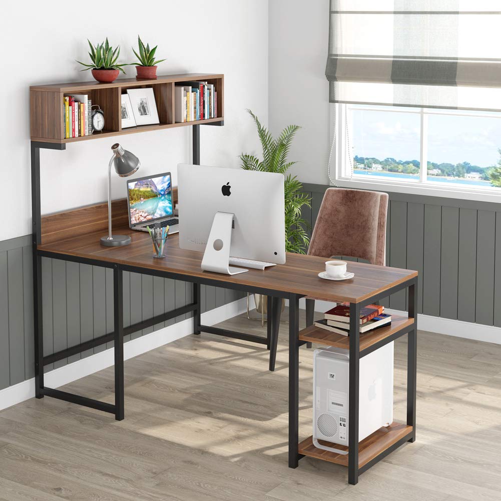 Tribesigns L-Shaped Desk with Hutch, 68 Inches Corner Computer Desk Gaming Table Workstation with Storage Bookshelf for Home Office,Dark,Walnut