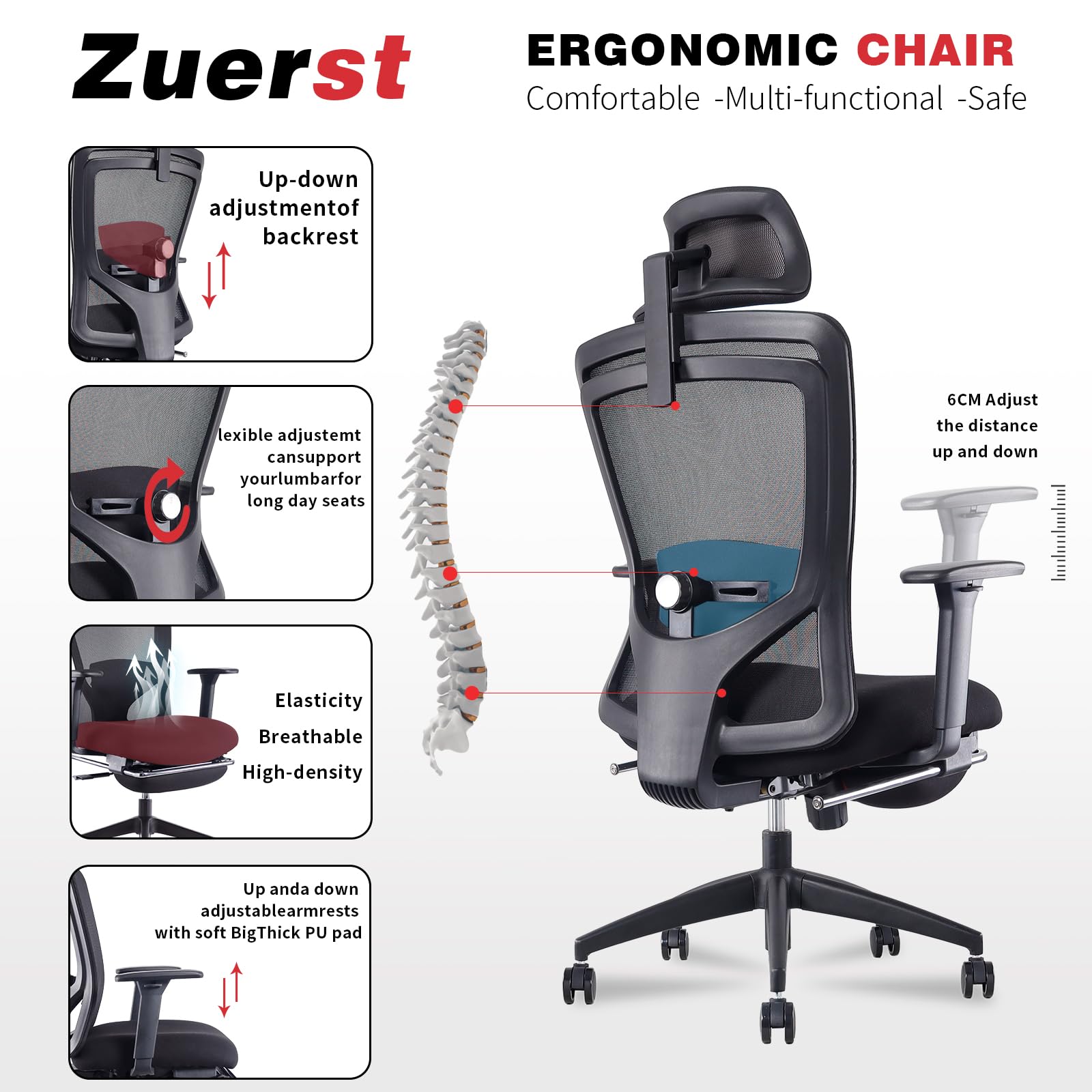 ZUERST Ergonomic Office Chair with Footrest Support- High Back Desk Chair with Adjustable 4D Lumbar Support, 5D Adiustable Headrest and Armrest, High Resilience Cushion-135°Rocking Mesh Computer Chair