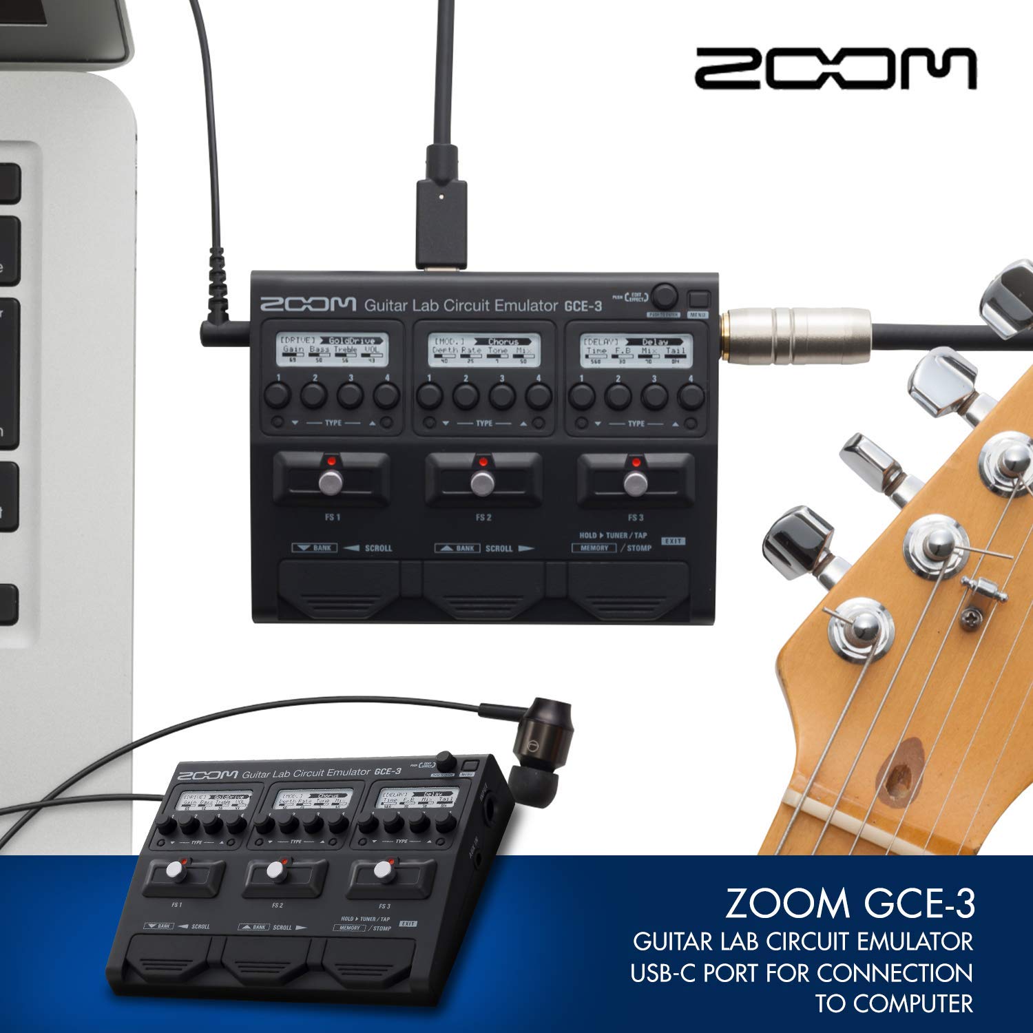 Zoom GCE-3 Guitar Lab Circuit Emulator W/Over-Ear Dynamic Stereo Headphones