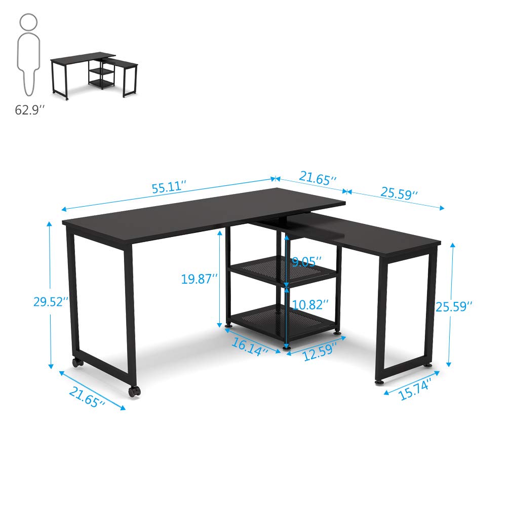 Tribesigns Reversible L-Shaped Desk with Storage Shelves, 360° Free Rotating Corner Computer Desk 55 inch Large Modern Office Desk Study Writing Table Workstation for Home Office (Black)
