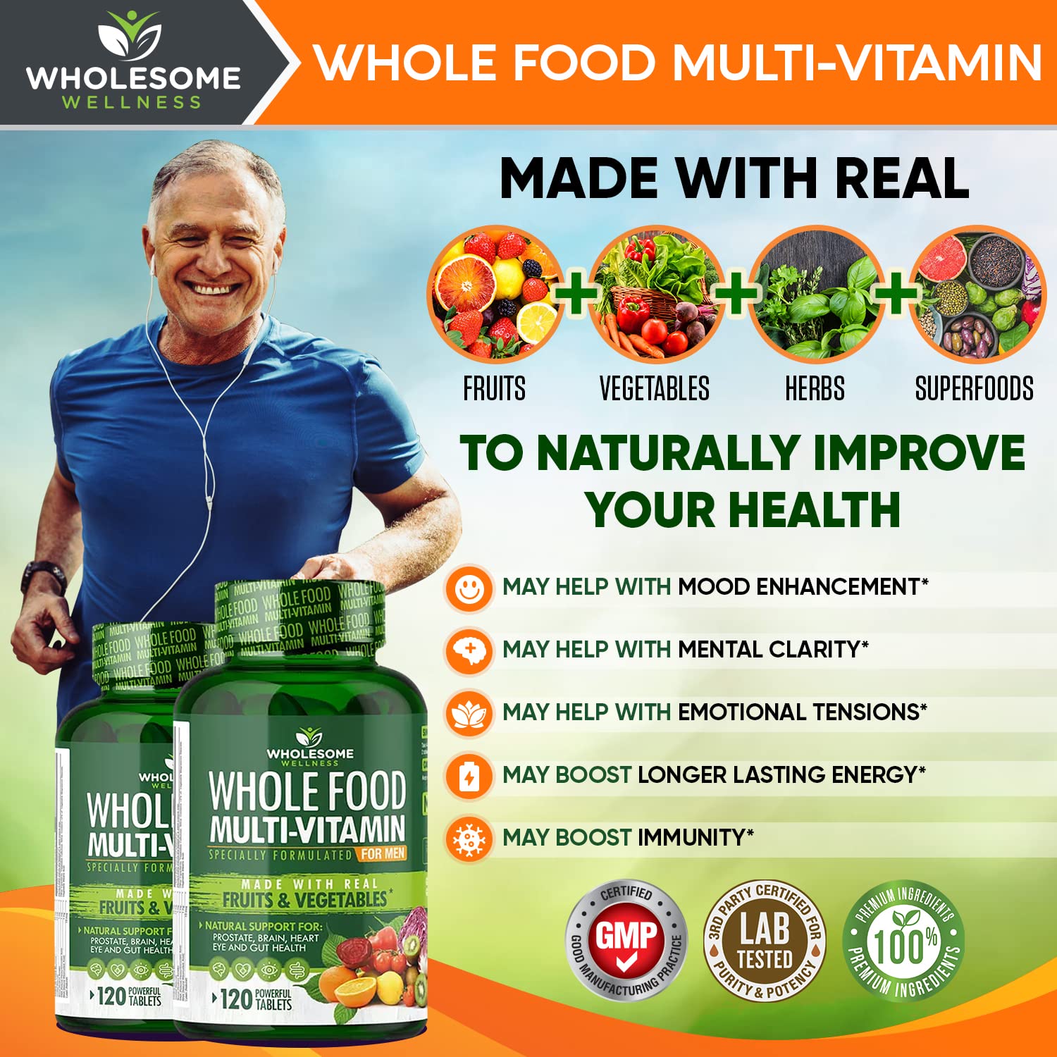 Whole Food Multivitamin for Men - Natural Multi Vitamins, Minerals, Organic Extracts - Vegan Vegetarian - 120 Tablets