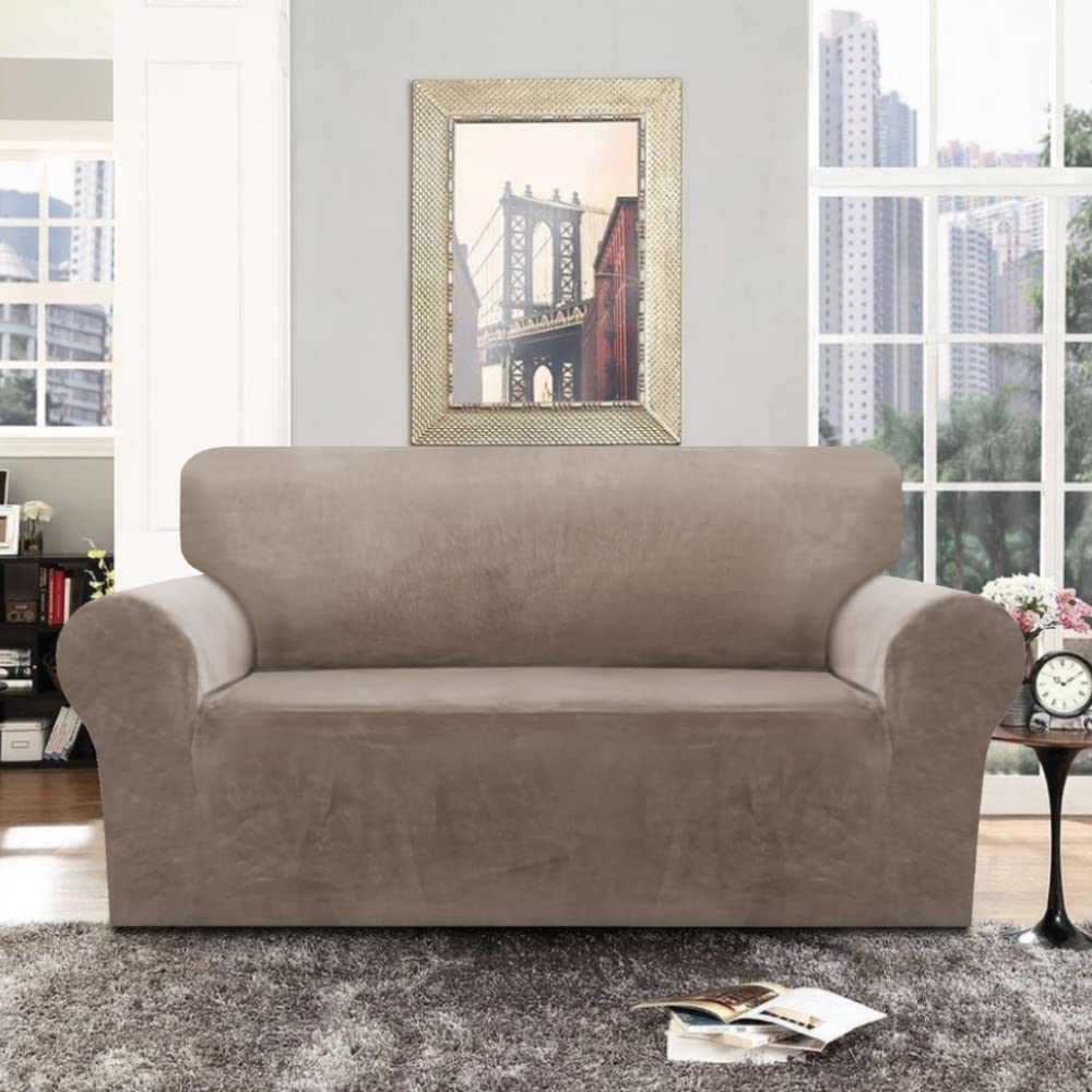Velvet Stretch Sofa Covers Loveseat Couch Covers for 2 Cushion Couch Loveseat Covers for Living Room, Loveseat Slipcovers Pets Friendly, Thick Soft Washable, Secure with Strap (58"-72, Taupe)