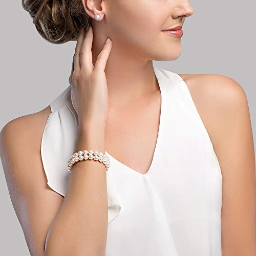 The Pearl Source 14K Gold 7-8mm AAA Quality Round White Double Freshwater Cultured Pearl Bracelet for Women
