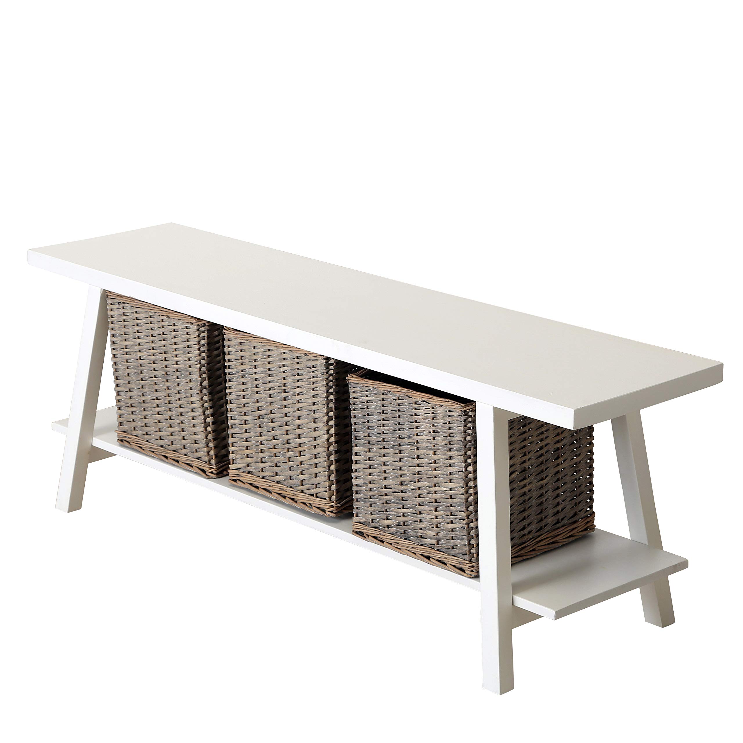 WHW Whole House Worlds Hamptons Bench, A-Frame Storage, Coastal Style Cubbies, White with 3 Brown Willow Wicker and Wood Baskets, MDF Frame, 57 Long x 12.75 Wide x 19.75 Tall Inches