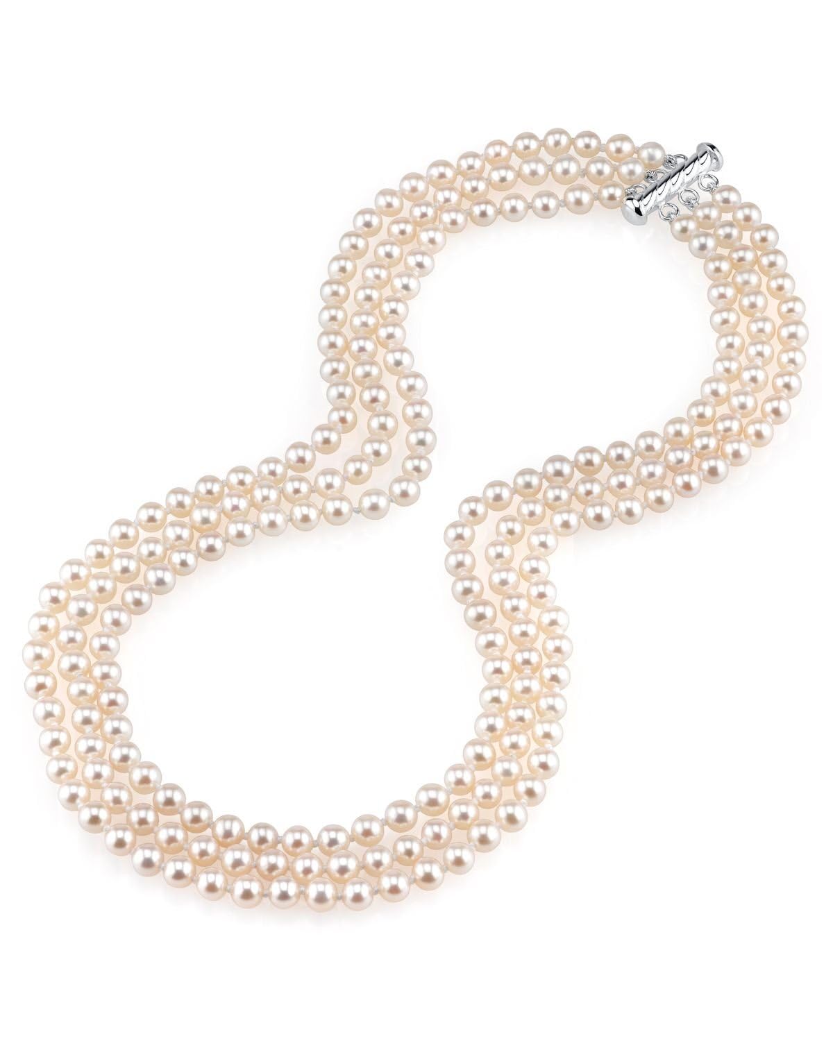 The Pearl Source Sterling Silver 7-8mm AAAA Quality Triple Strand White Freshwater Cultured Pearl Necklace for Women in 16-17-18" Princess Length