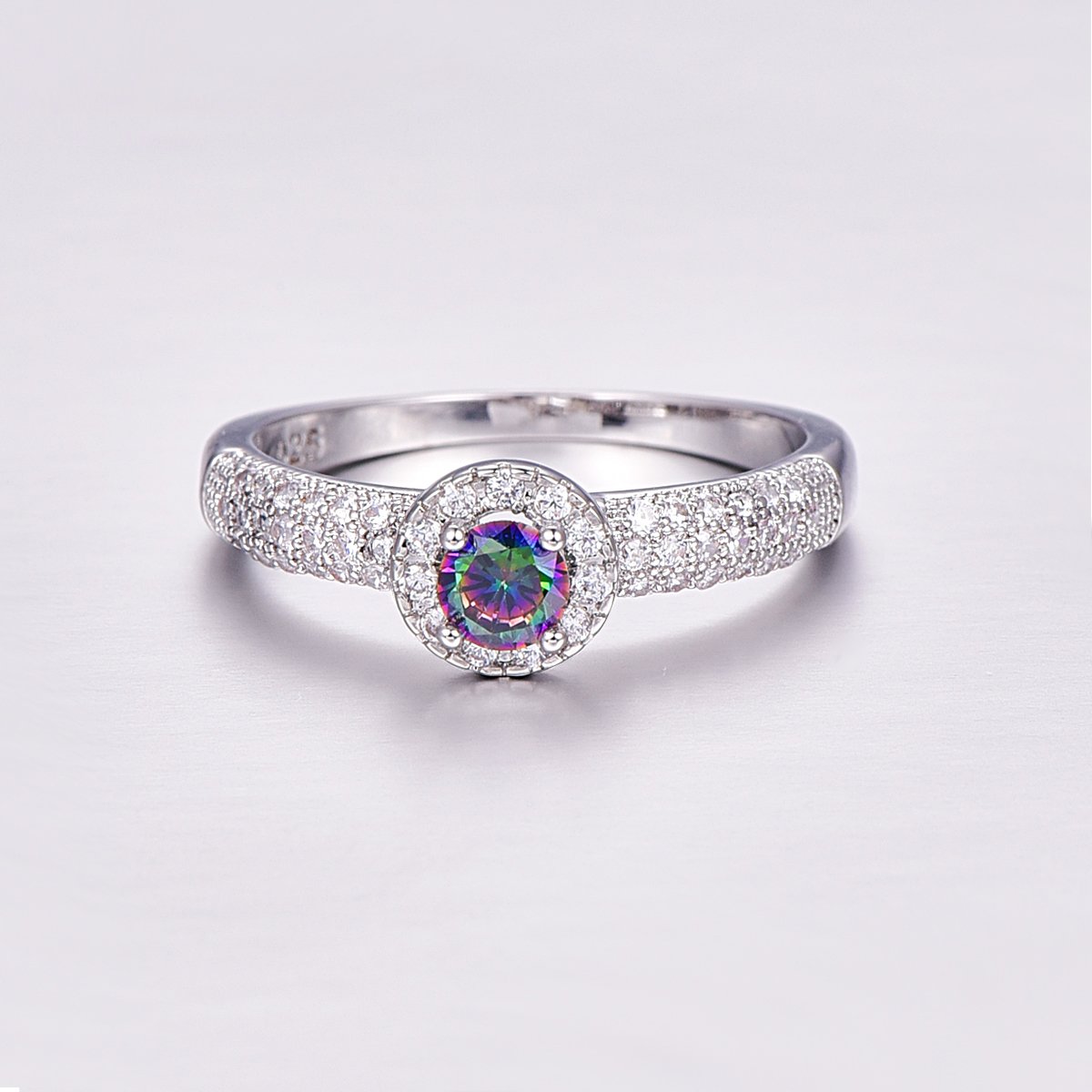 Veunora 925 Sterling Silver Created 4x4mm Rainbow Topaz Filled Bling Halo Engagement Wedding Ring for Women Size 8