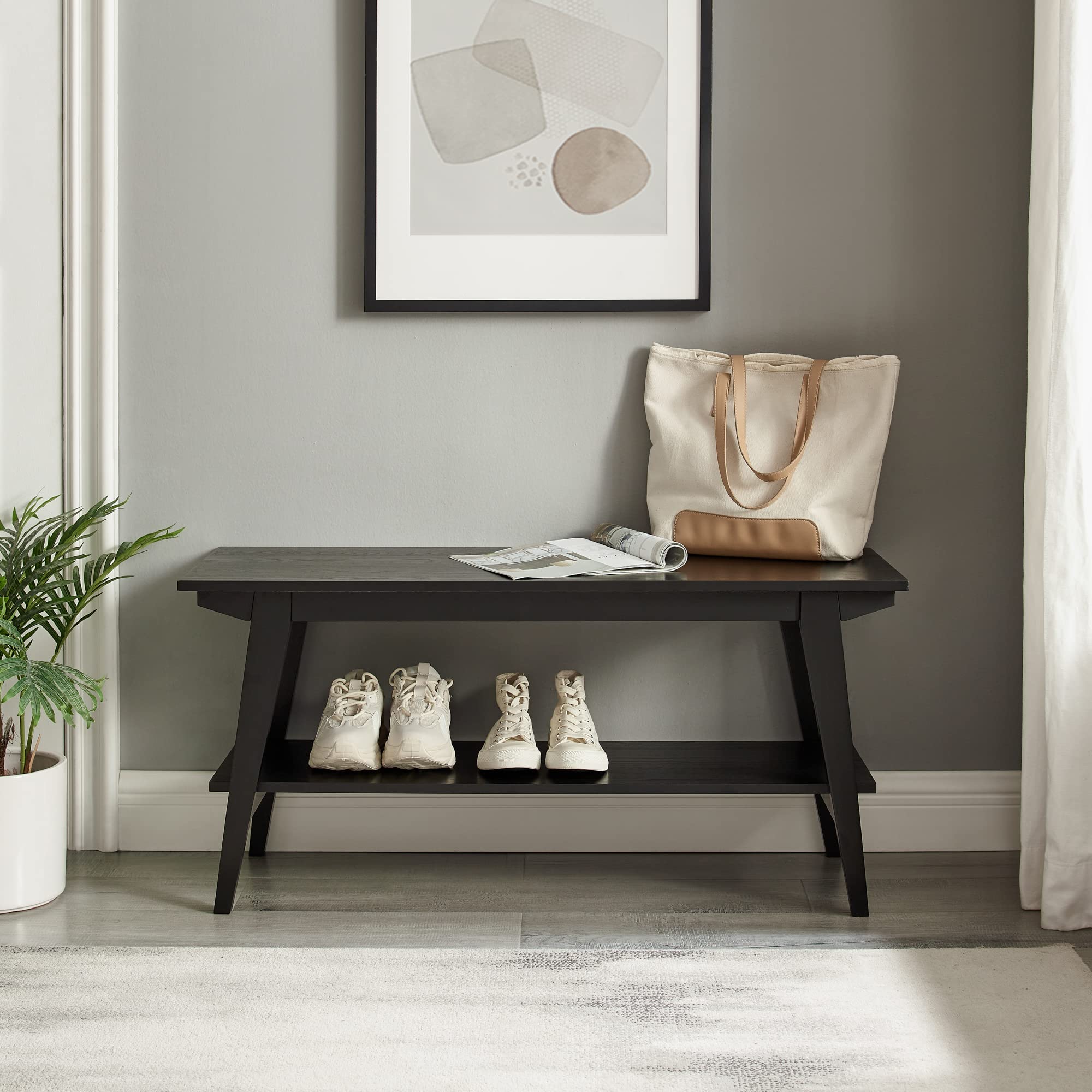 Walker Edison Sibu Japandi Minimalist Entry Bench with Lower Shelf, 39 Inch, Black