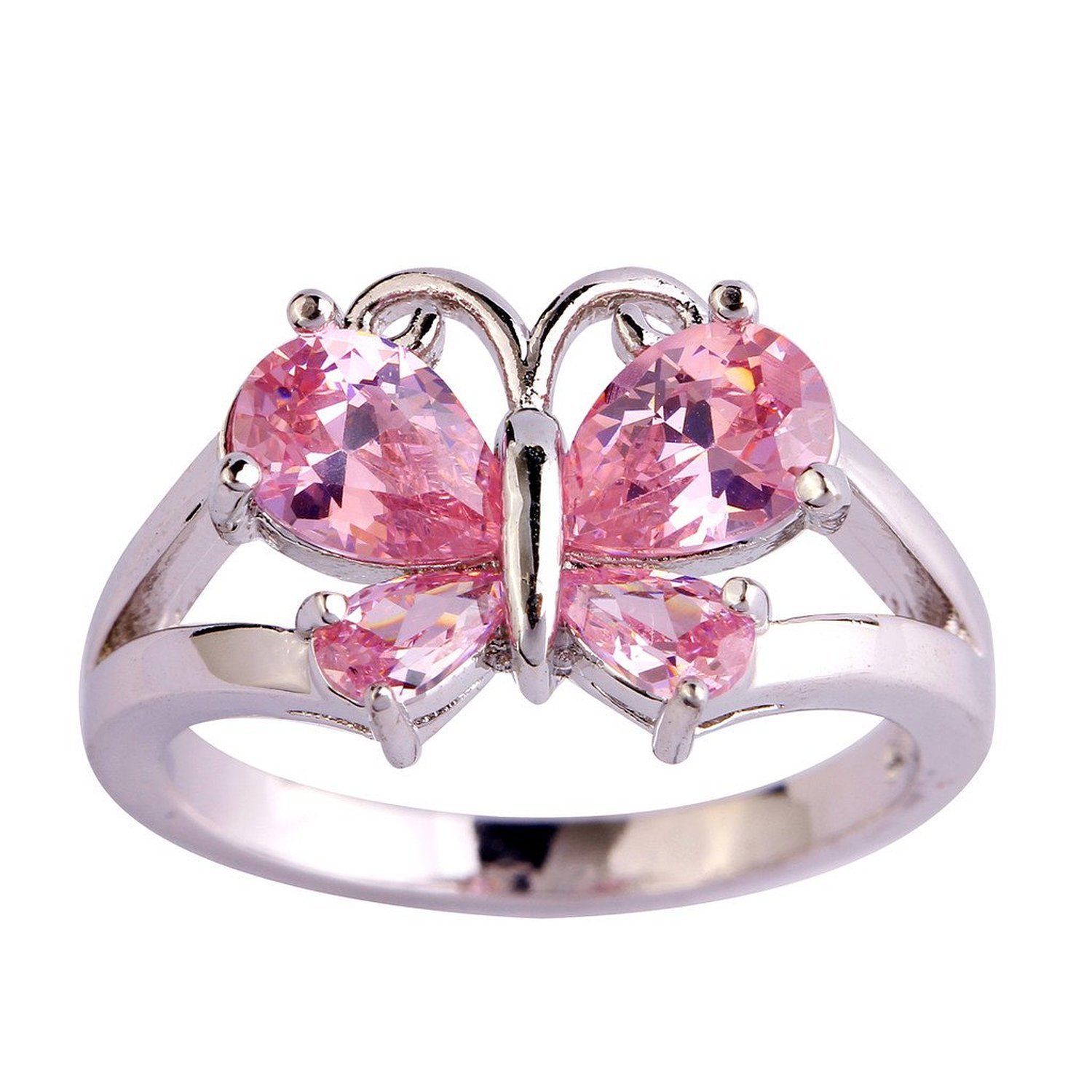 Veunora Silver Plated Pear Cut Created Pink Topaz Cubic Zirconia Filled Gorgeous Butterfly Ring for Women Gift Size 12