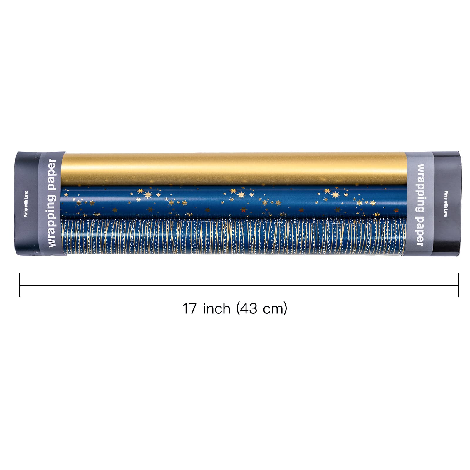 WRAPAHOLIC Wrapping Paper Roll - Mini Roll - 3 Rolls - 17 Inch X 120 Inch Per Roll - Navy and Gold Star/Stripe/Gold Pearlized Print for Birthday, Father's Day, Holiday, Party