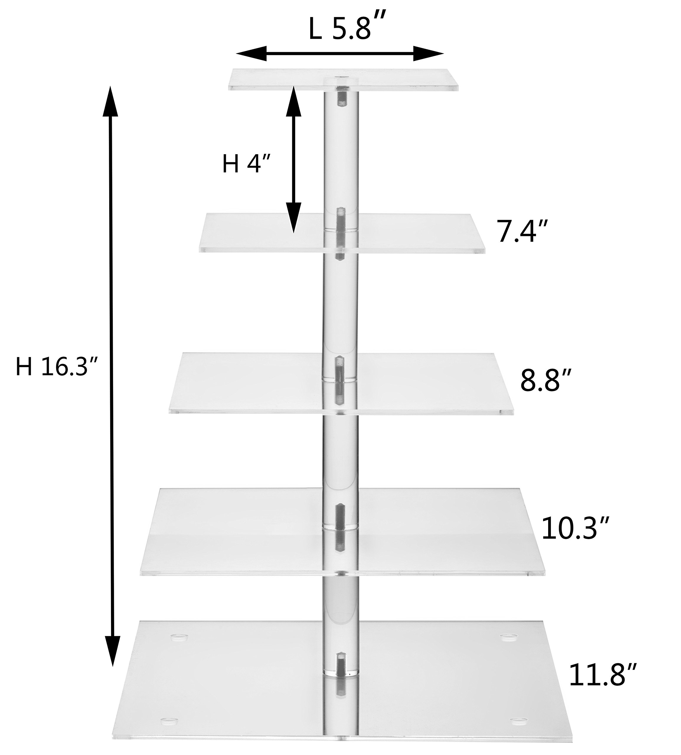 YestBuy 5 Tier Square Acrylic Cupcake Tree Tower Display Stand Display for Pastry Wedding Birthday Party (4" between 2 layers)