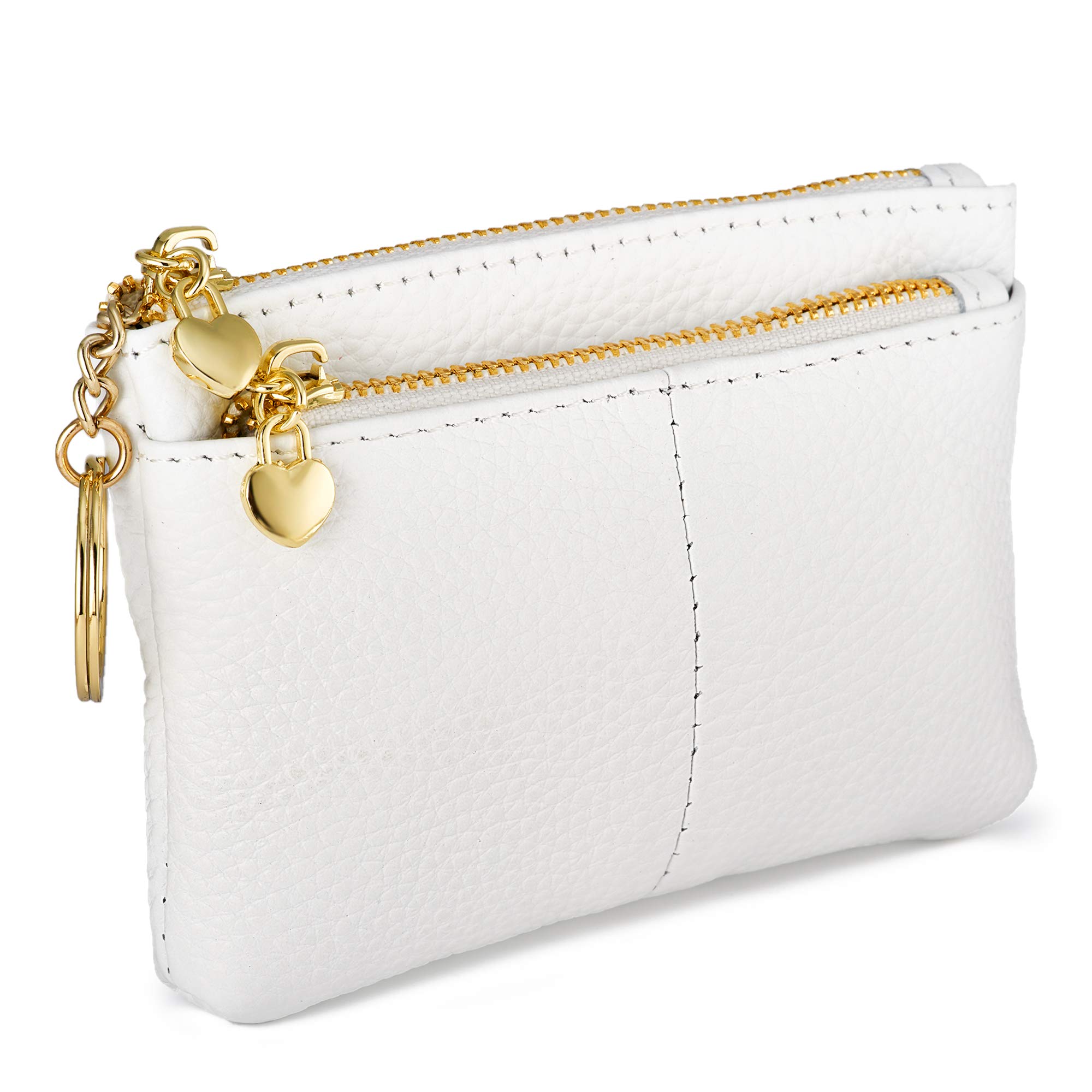 ZOOEASS Coin Purse Women Genuine Leather Zip Mini Purse With Key Ring Triple Zipper Card Holder Wallet (White)