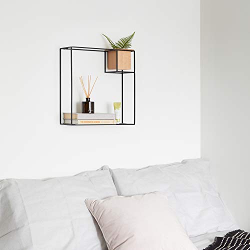 Umbra Cubist Floating Shelf with Built-In Succulent Planter – Modern Wall Décor and Geometric Display Shelf for Books, Candles, Mementos, Photos, Indoor Plants and More! | Large, Black