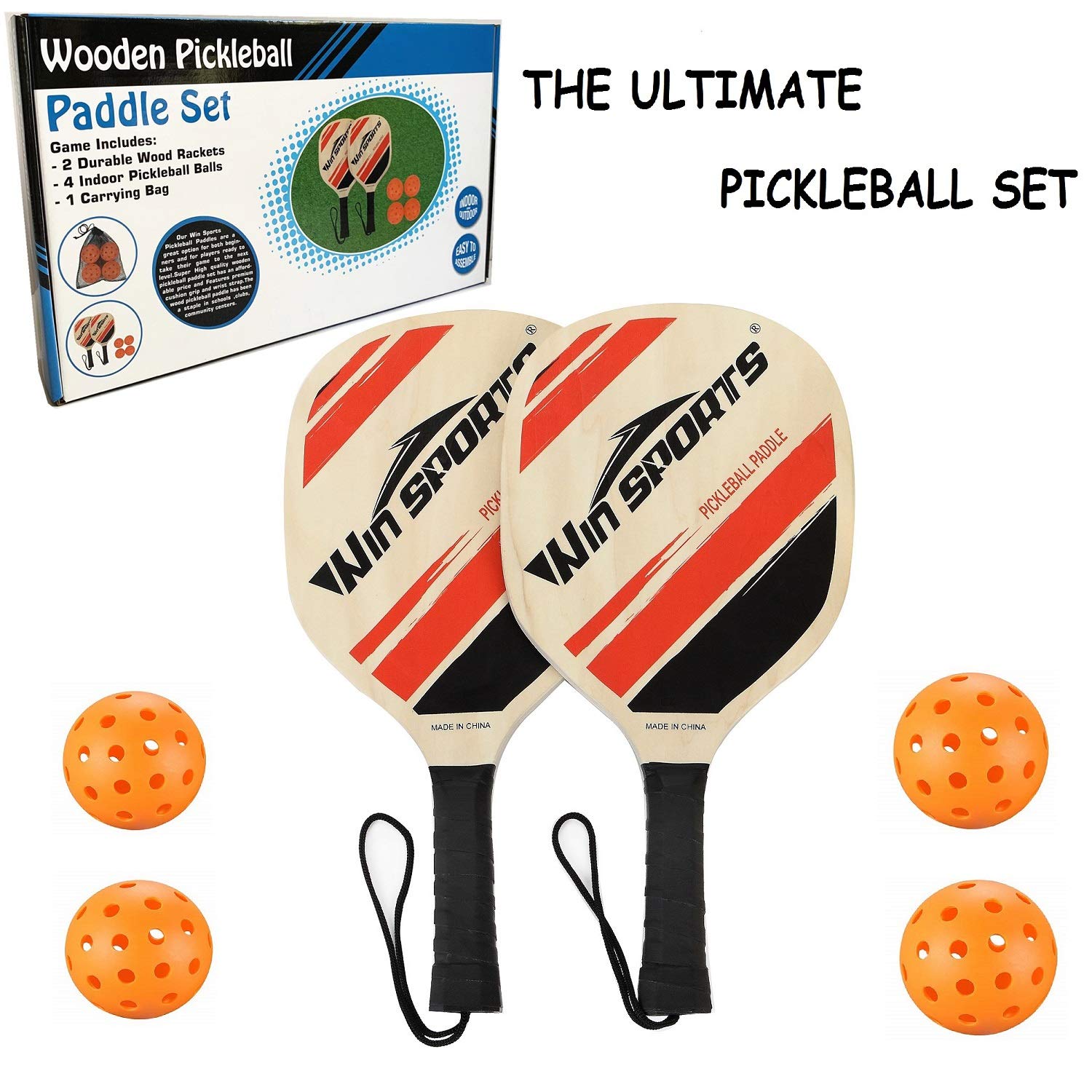 WIn SPORTS Wooden Pickleball Paddles Set 2 Beginner Racket,Pickle Ball Paddles with 2 Paddles,4 Balls and 1 Carry Bag,Durable and Classic (Wooden Version)