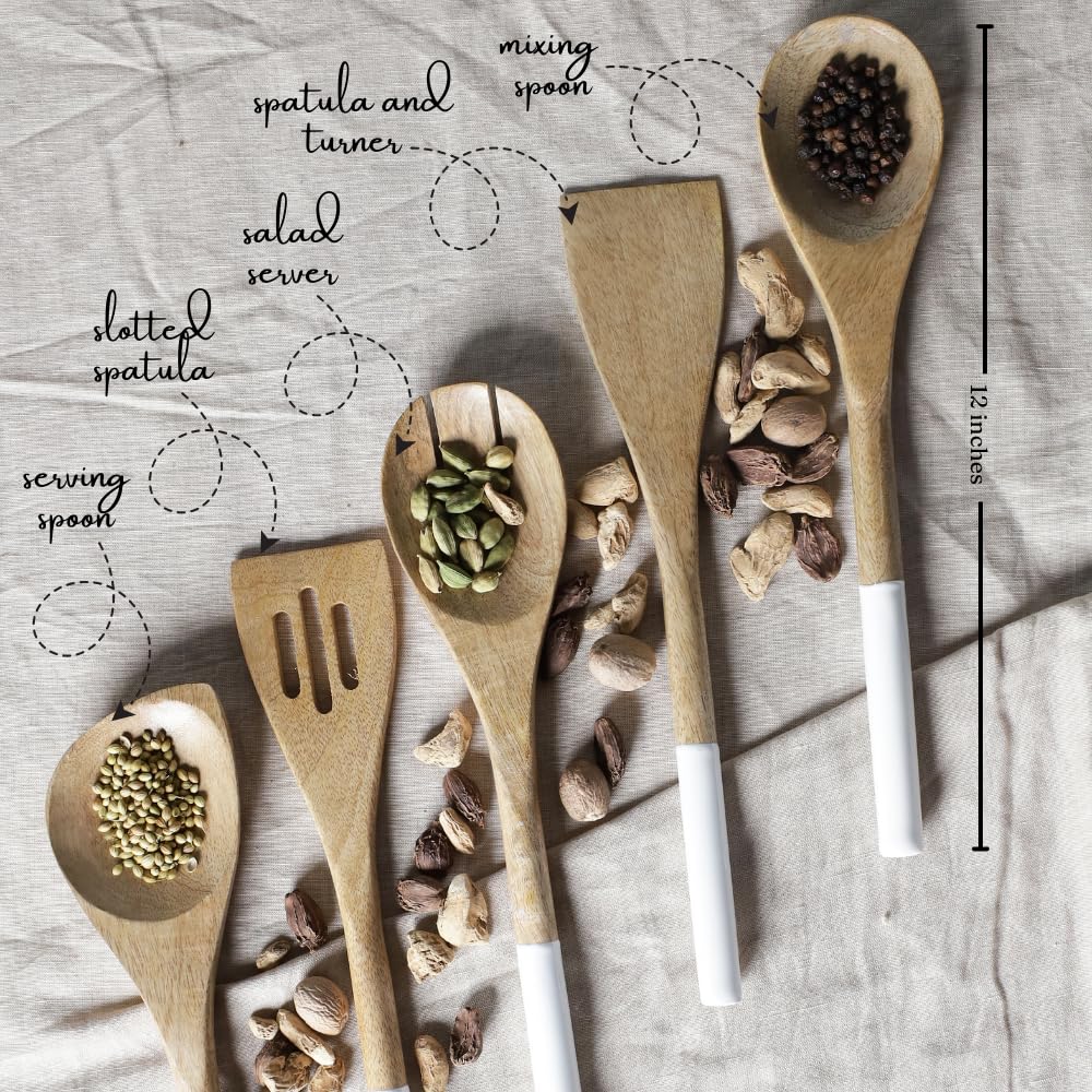 The Art Box Wooden Cooking Spoon Utensils Set of 5 - Kitchen Serving Tools Non-Stick Cookware12 Inch Wooden Fork, Corner Spoon, Slotted Turner, Spoon, Spatula For Baking, BPA Free, White