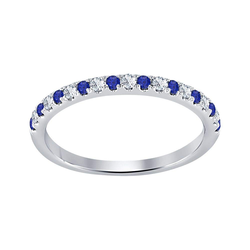 tusakha Round Cut Blue Sapphire & Diamond Half Eternity 18k White Gold Over .925 Sterling Silver Wedding Engagement Band Ring for Women