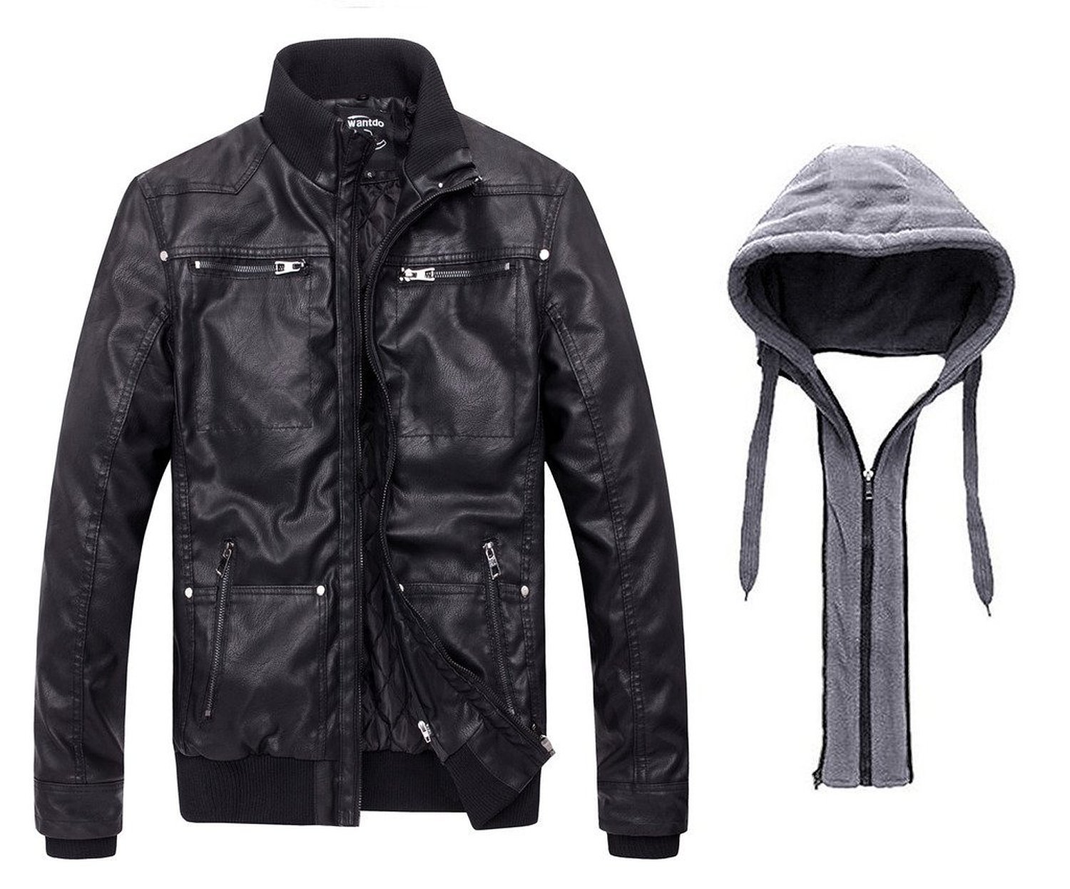 wantdo Men's Motorcycle Leather Jacket Hooded Warm Winter Jacket Large Black(Thick)