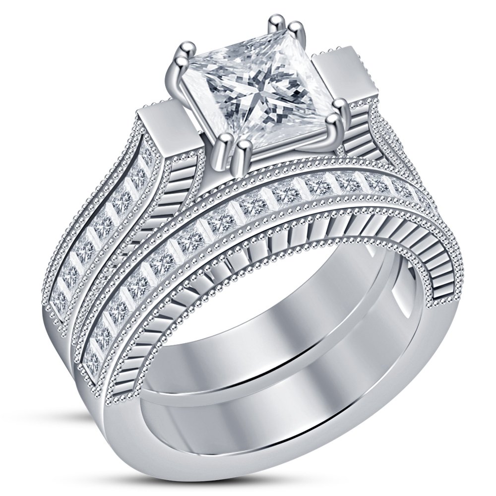 TVS-JEWELS Pure 925 Silver White Platinum Plated Princess Sim. Diamond Wedding Engagement Ring Set (7)