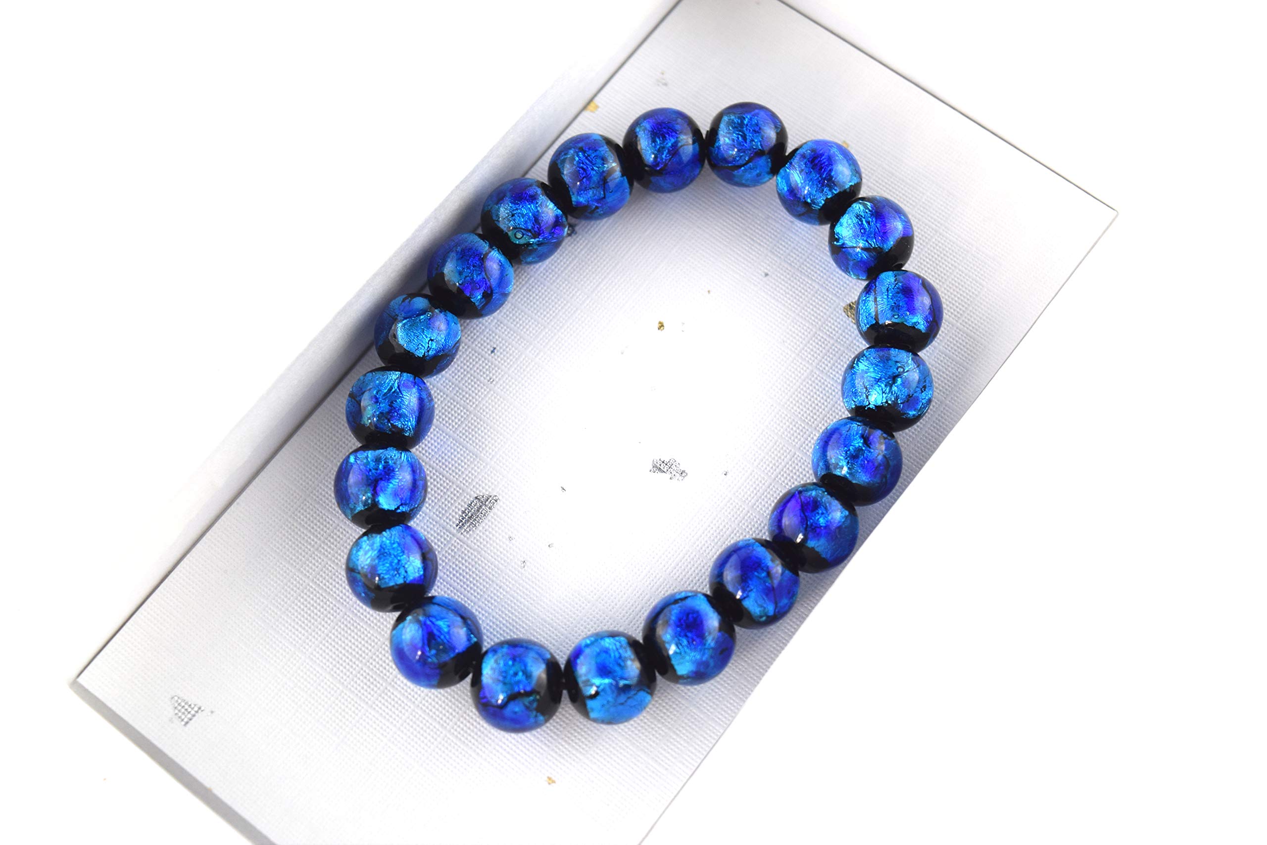 京都あさひ屋 Black Onyx & Pink Blue Ryukyu Fluorite Glass Bracelet Gemstone Elastic Stretch Bracelet Japan Juzu Buddhist Prayer beads Gifts (All blue luminescence)