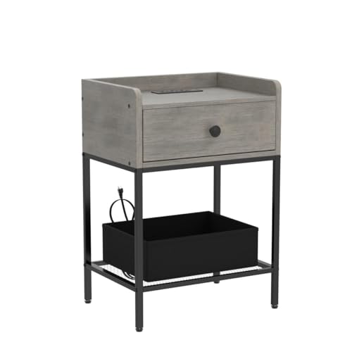 Y&M Nightstand with Charging Station and USB Ports, Side End Table with Drawer, Modern Bedside Tables Night Stand Storage Shelf for Small Spaces, Bedroom, Living Room - Gray and Black
