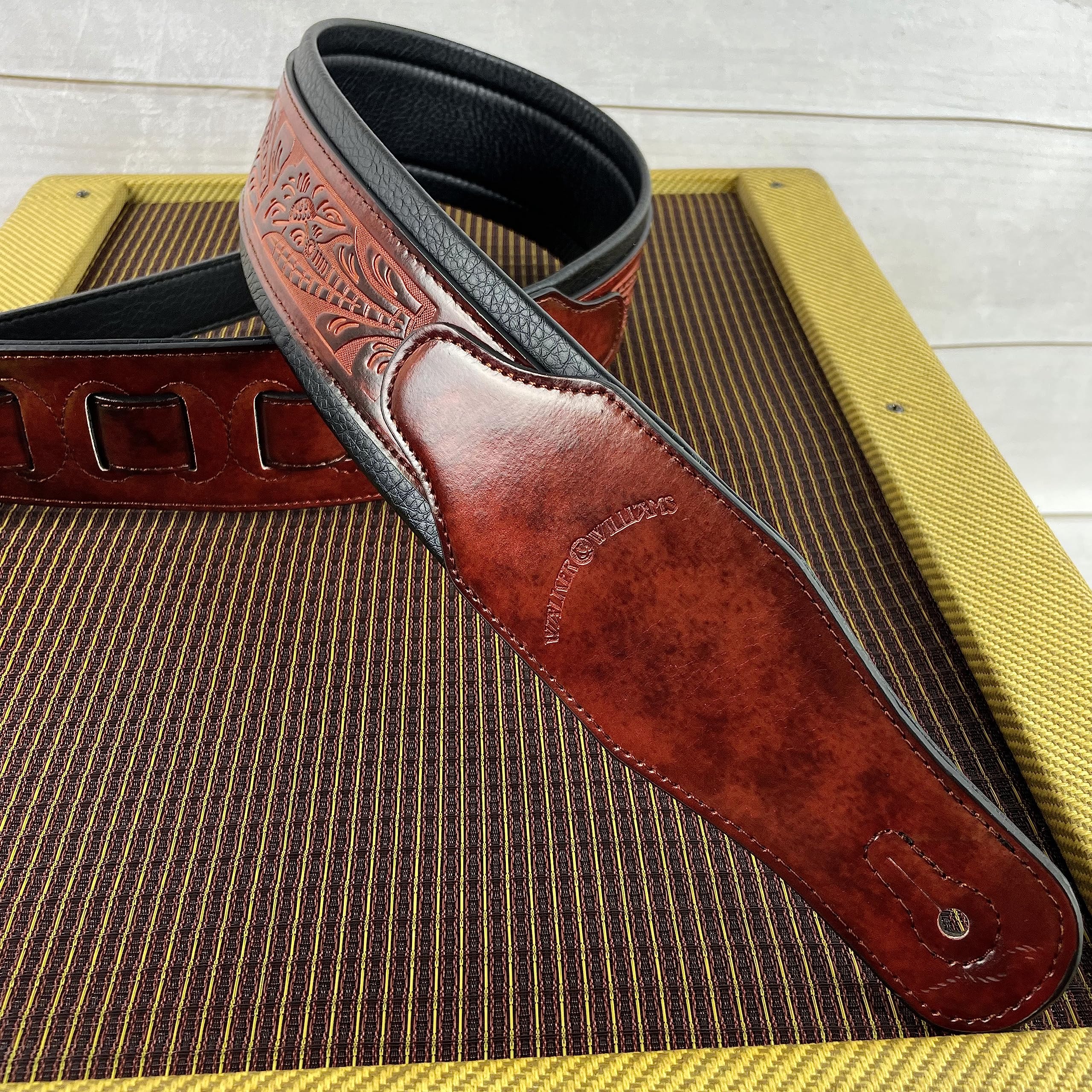 Walker & Williams GB-106 Bourbon Red Brushed Finish Guitar Strap With Padded Glove Leather Back And Classic Live Oak Pattern For Acoustic, Electric, And Bass Guitars