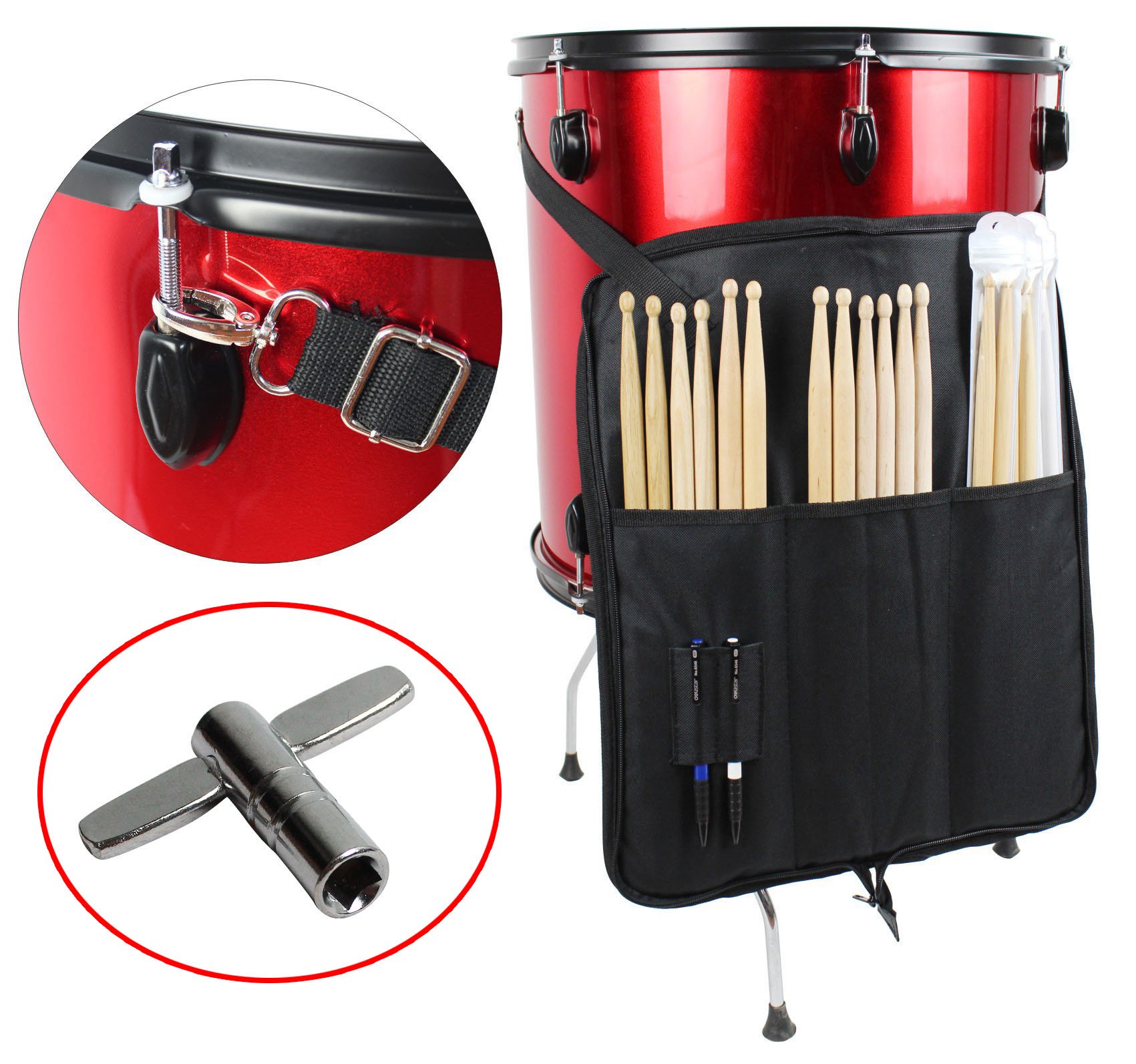 YMC DSB10-BK 10mm Foam Drum Stick Bag Holder Mallet Bag Drumstick Bag with A Drum Key -Black