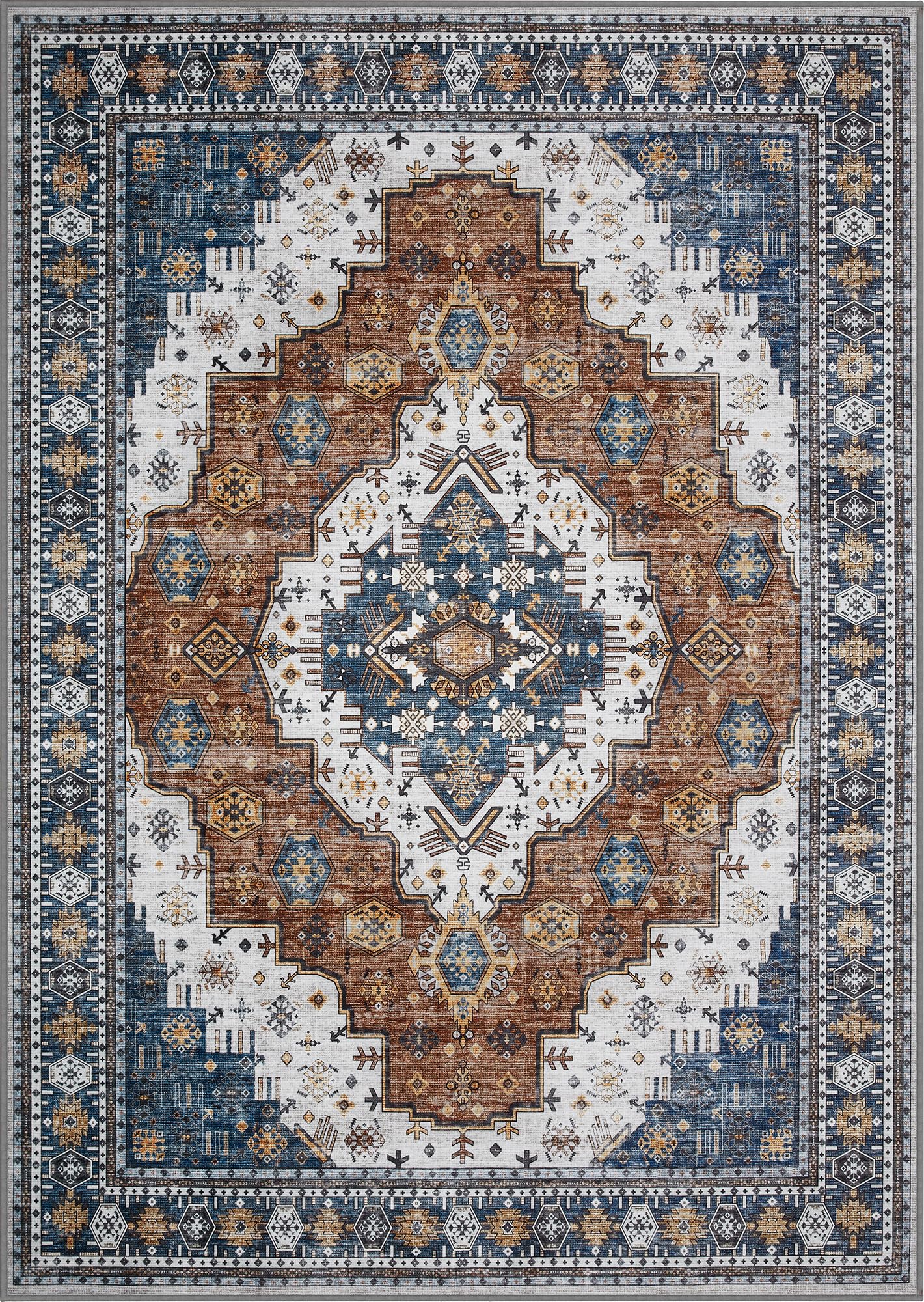 Washable Rug Living Room Rugs: 9x12 Area Rug Large Boho Medallion Distressed Carpets Indoor Soft Floor Anti Slip Carpet for Under Dining Table Bedroom Farmhouse Home Office - Blue/Orange Brown