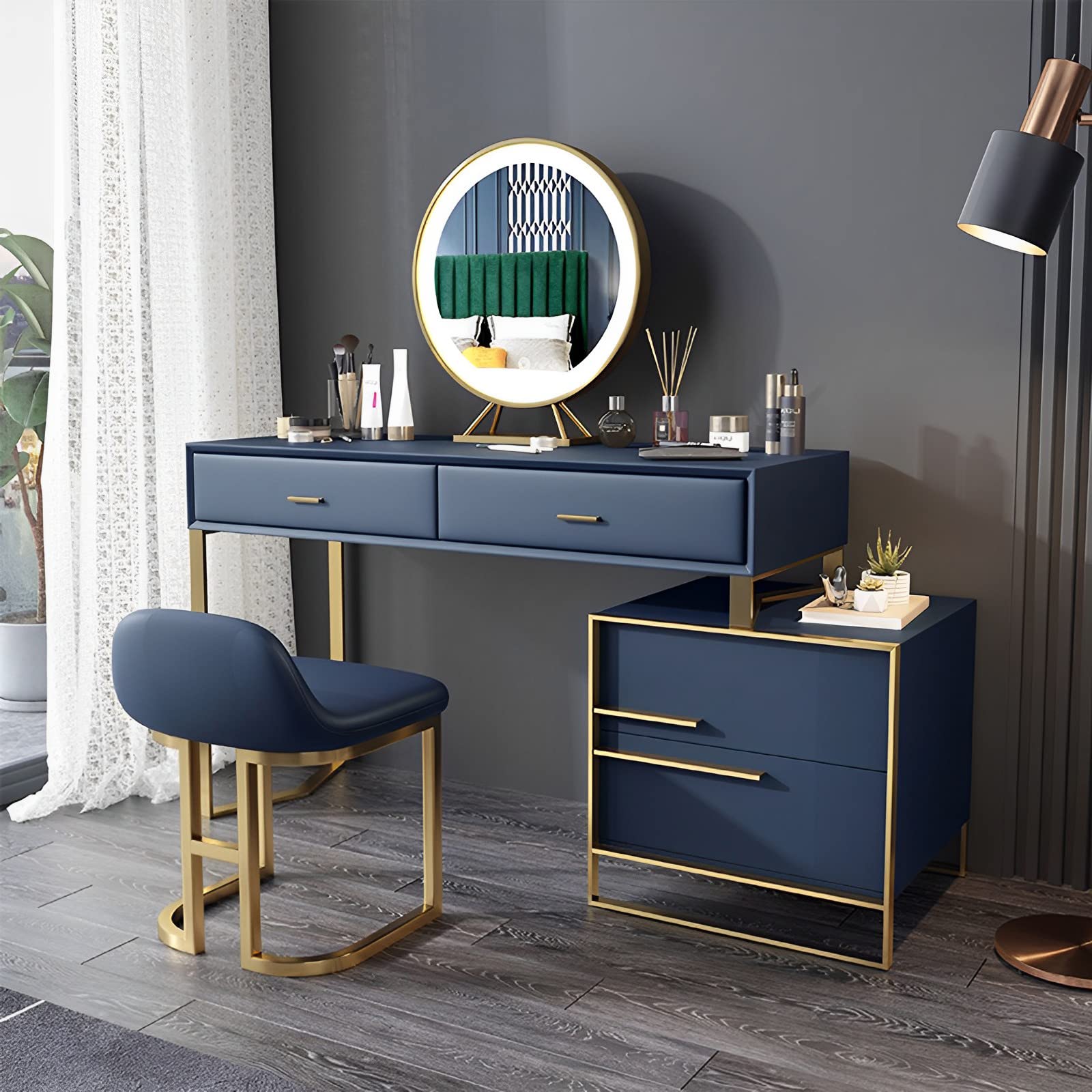 YIMAKEY Vanity Desk Set Mirror: Blue 47 Inches Vanity Table with 3 Modes Lights Mirror and 4 Drawers 1 Stool - Wooden Adjustable Makeup Table for Bedroom for Her