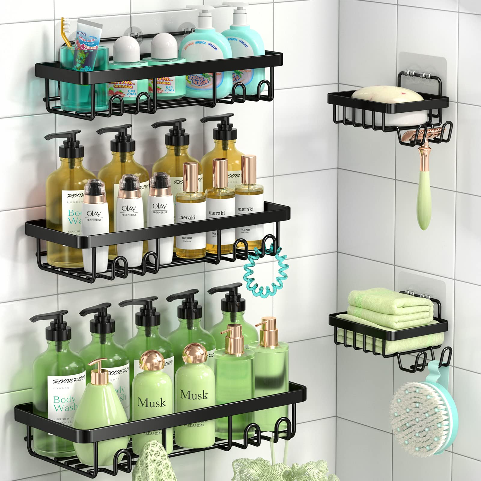 Winproper Shower Caddy 5 Pack,Adhesive Shower Organizer Bathroom with 16 Hooks, Shower Shelves with 2 Soap Holder, No Drilling Stainless Steel Shower Shelf for Inside Shower-Black