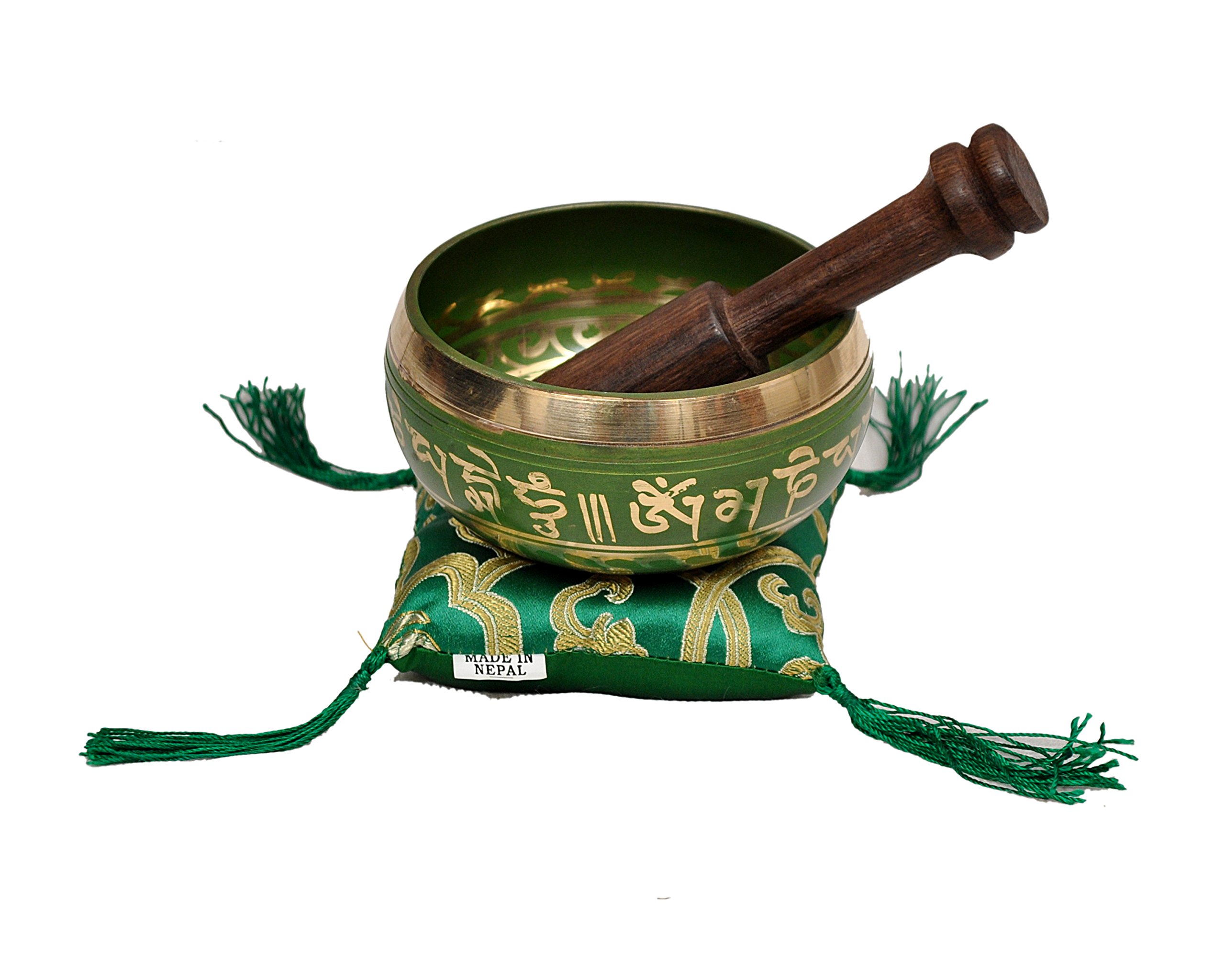 Tibetan Singing Bowl Set By Dharma Store - With Traditional Design Tibetan Buddhist Prayer Flag - Handmade in Nepal (Green)