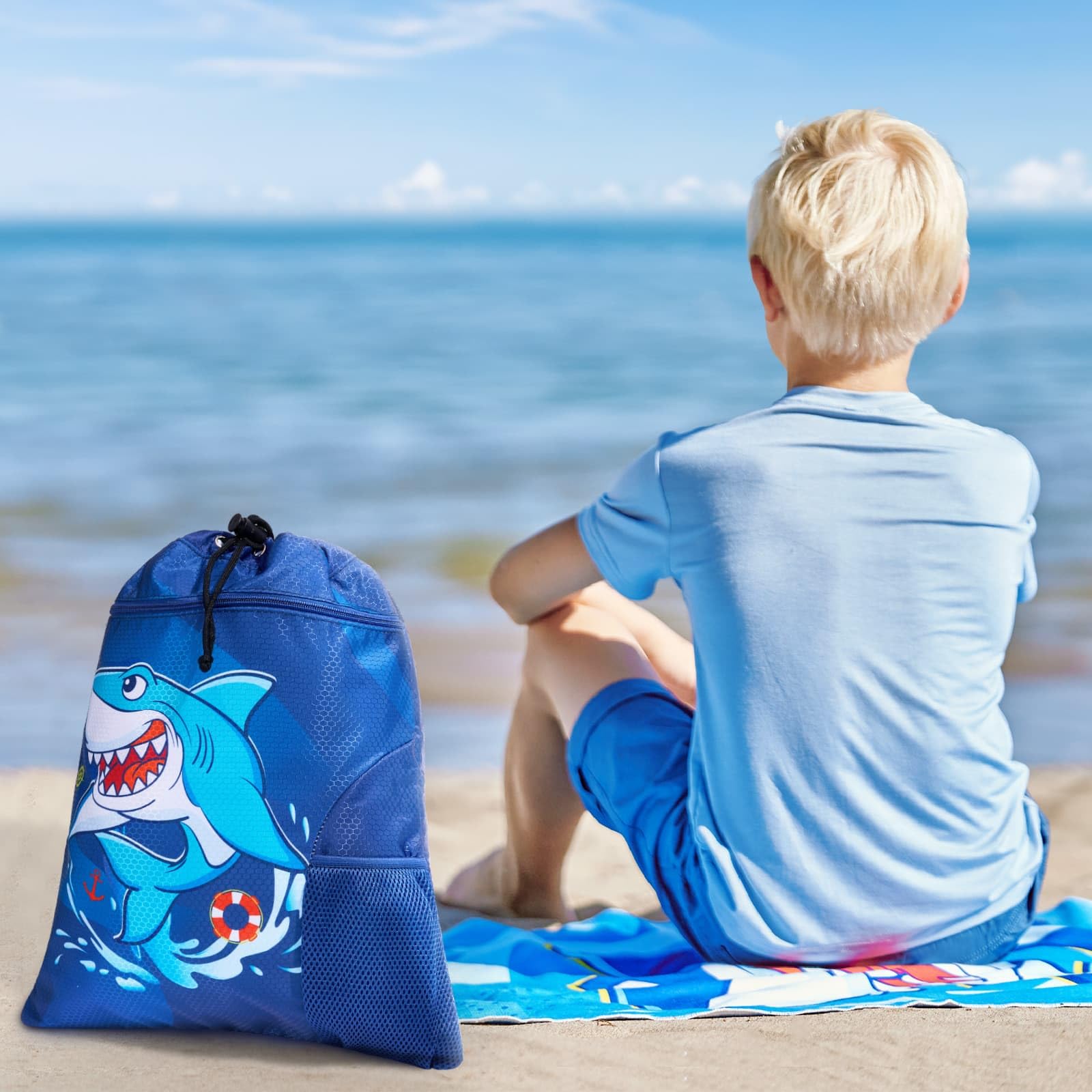 WAWSAM Shark Gym Drawstring Backpack - 15β x 17β Sports Gym Bag Drawstring Bag for Boys Kids Waterproof String Backpack for Beach Swim Travel Yoga Gift with Zipper Pocket and Water Bottle Pocket