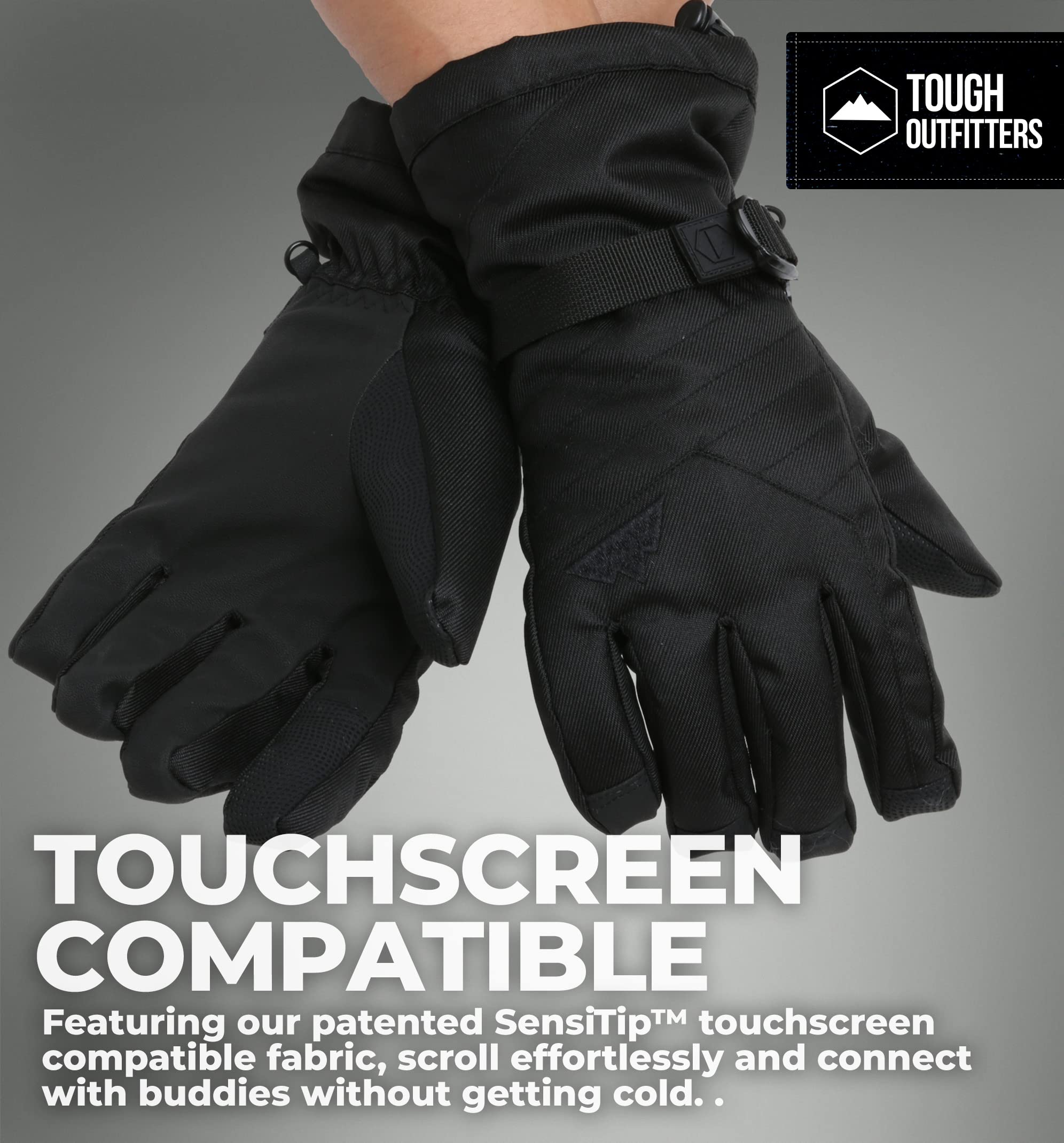 Tough Outdoors Winter Snow & Ski Gloves - Designed for Skiing, Snowboarding, Shredding, Shoveling & Snowballs - Waterproof & Windproof Nylon Shell & Synthetic Leather Palm - Fits Men, Women and Kids