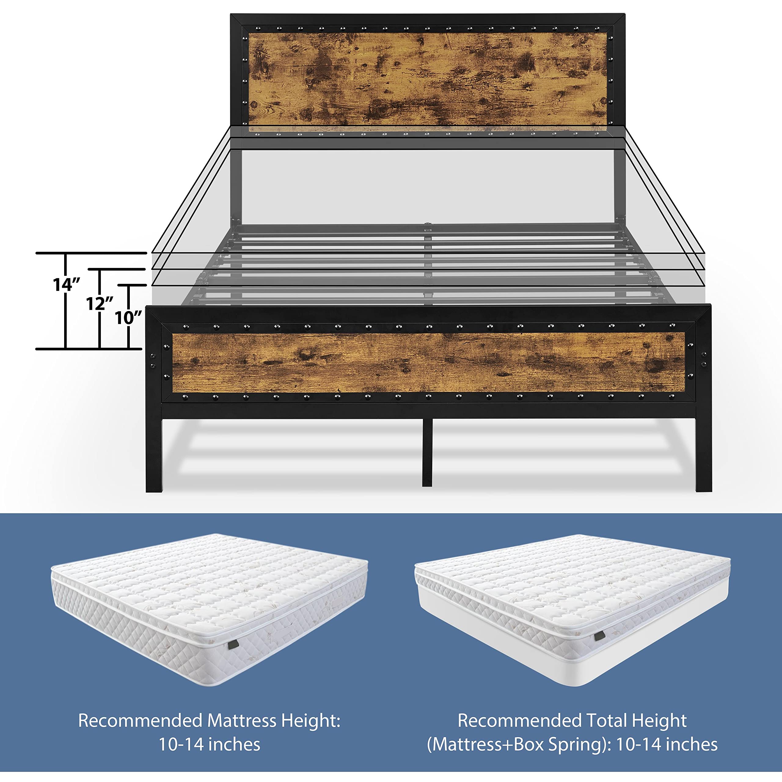 Yaheetech Queen Bed Frame Metal Bed with Rivet Design Wooden Headboard&Footboard, Modern Rustic Style/No Box Spring Needed/Easy Assembly, Rustic brown Queen Bed