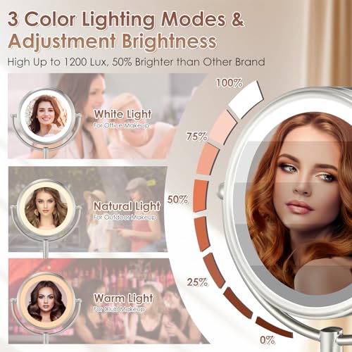 VESAUR 10" Extra Large and 17" Tall Lighted Makeup Mirror, 1X/5X Magnifying Vanity Mirror with 3 Colors Dimmable, 62 Premium LED Lights, 360° Rotation Table Mirror 2 Power Supply, Pearl Nickel