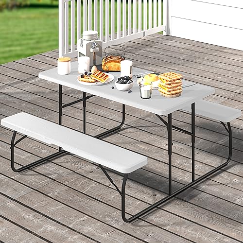 YITAHOME Folding Picnic Table w/Easy Assembly Steel Frame & Wood Like Tabletop, All Weather Folding Picnic Tables with Benches Ideal for Yard Patio Lawn Party, White