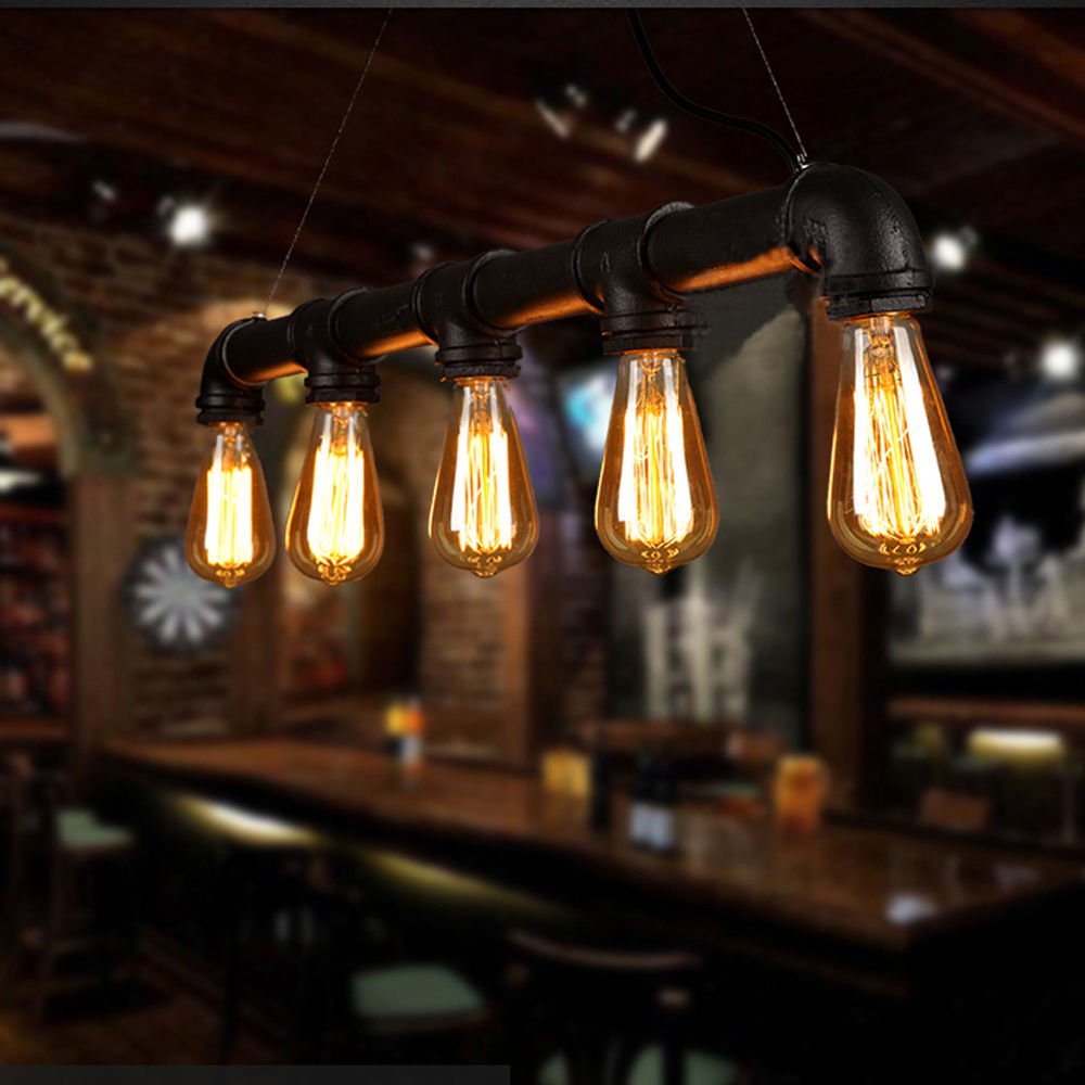 WINSOON Industria Steampunk Lamp Iron Pipe Ceiling Island Fixture Pendant Light Vintage Retro (Black)
