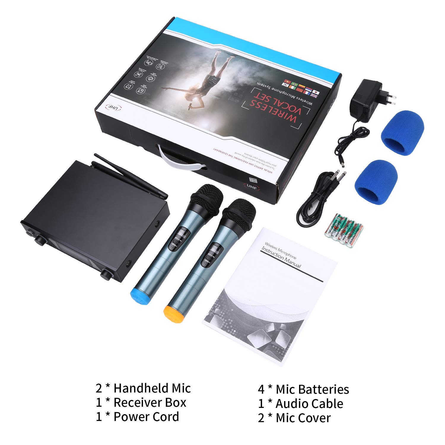 UHF Wireless Microphone EXJOY Dual Dynamic Mic Handheld Karaoke Wireless Microphone System for Party Meeting Wedding Class Church Use