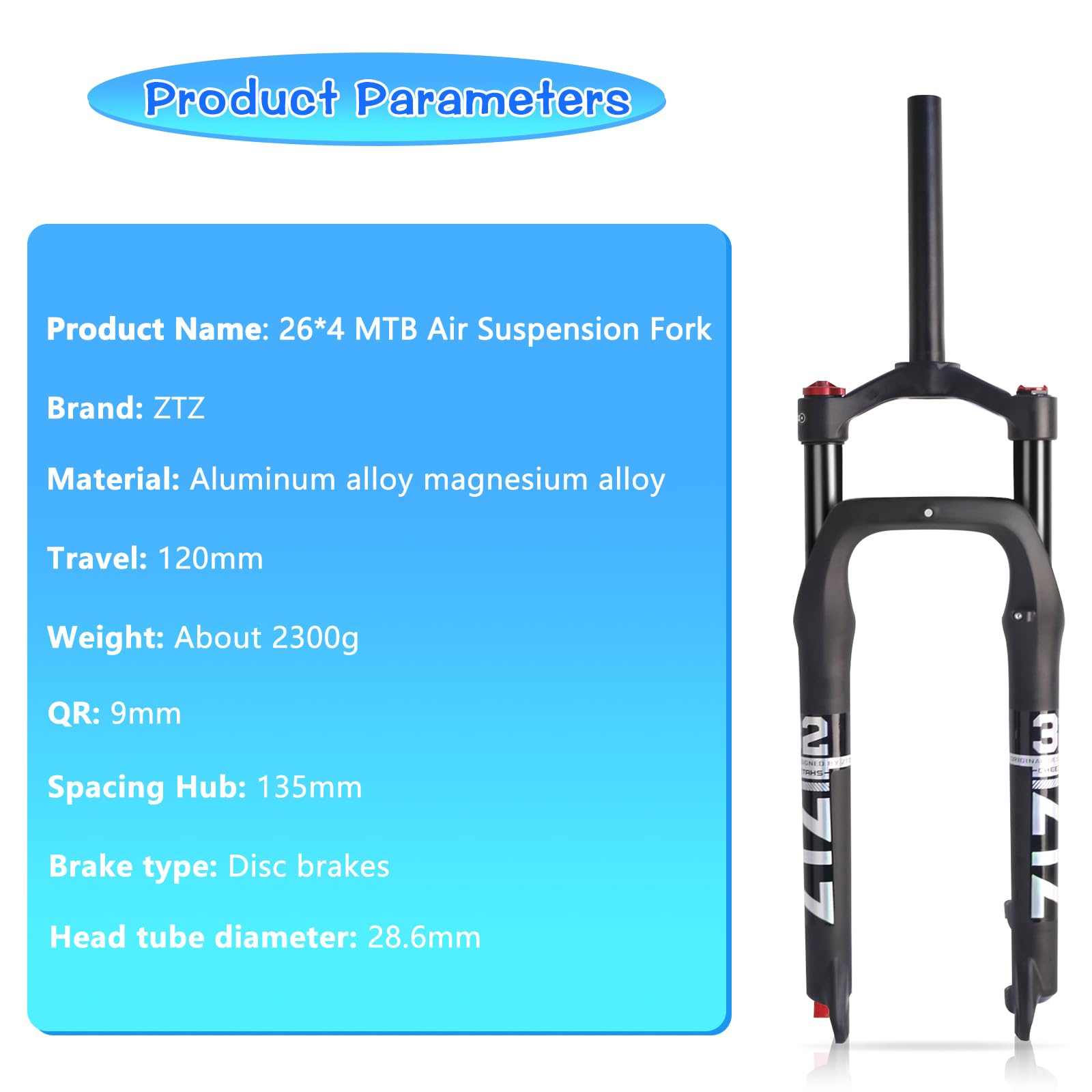 ZTZ 26 * 4.0 inch Fat Tire MTB Air Suspension Fork - Ultralight Rebound Adjustment Front Fork,120mm Travel, 135mm Spacing Hub,9mm QR,Crown Lockout, Ideal for Snow Beach XC Mountain Bikes