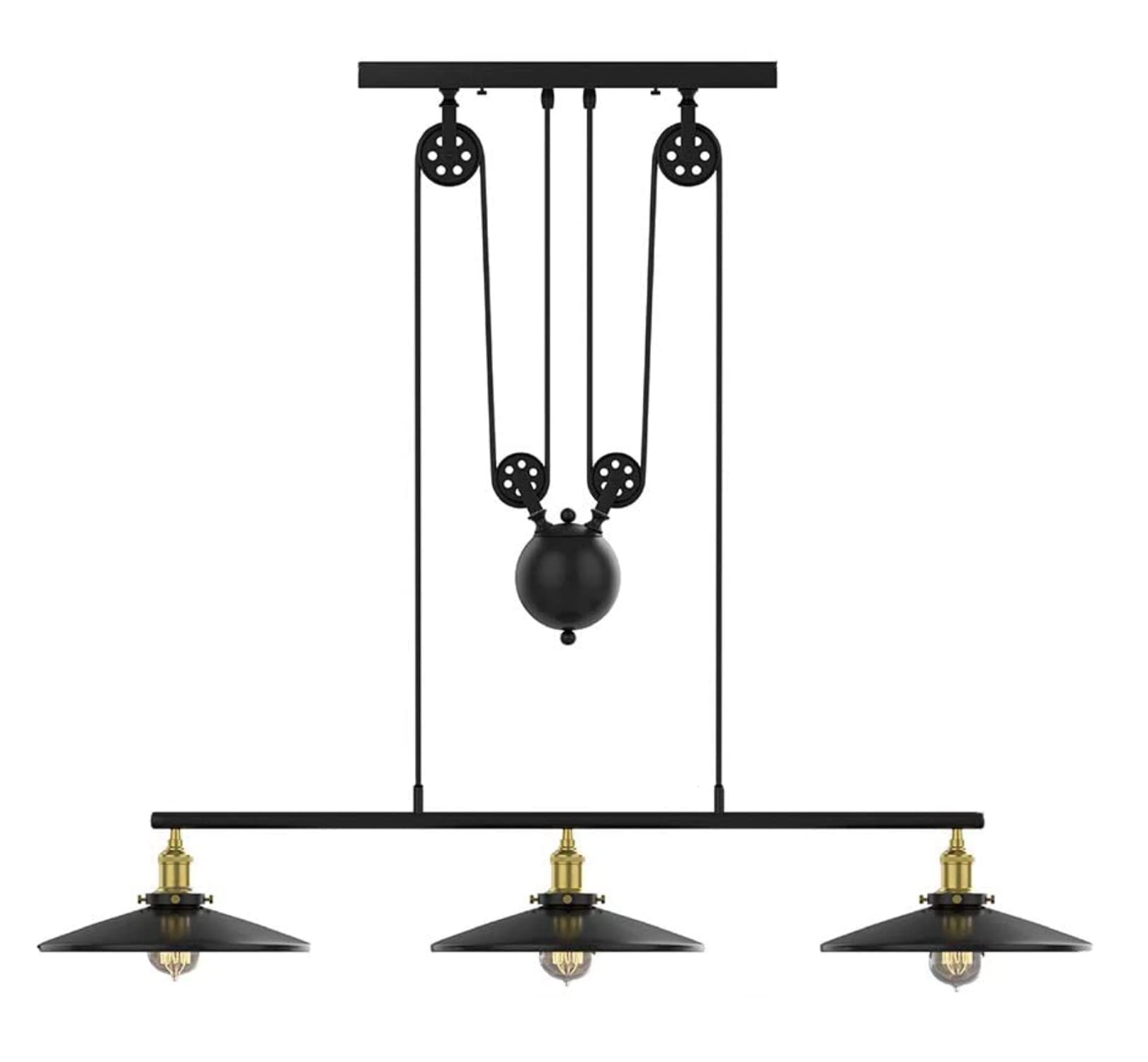 WINSOON Industrial Pendant Light, Pulley Light Fixture, Retro Steampunk Hanging Lamp, Adjustable Vintage Kitchen Island Over The Sink 2-Head Lights, Matte Black Painted