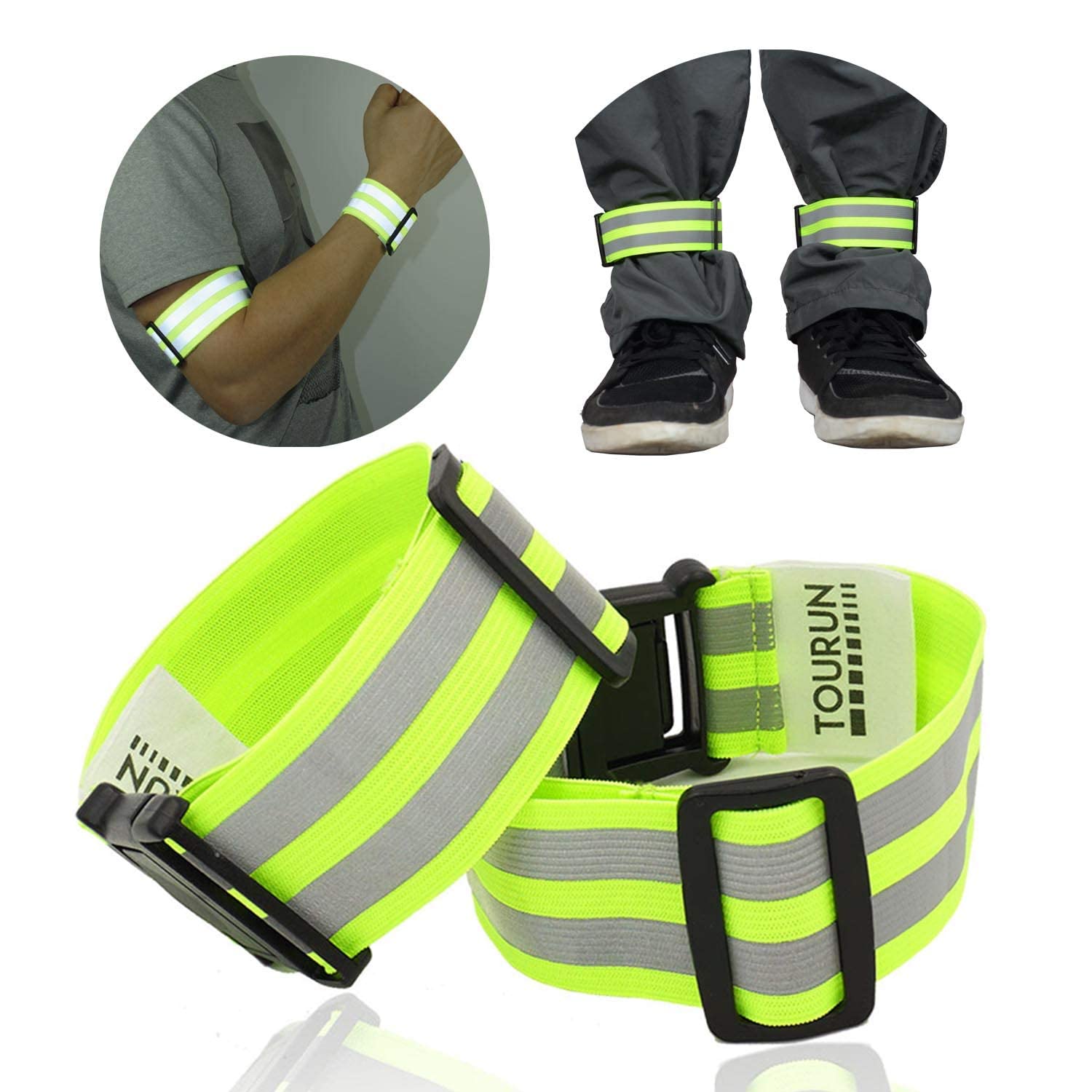 TOURUN Reflective Running Gear Bands Belt for Night Walking, Reflective Bands for Runners Women Kids Men, Bicycle Pants Cuff Bands Clip, Arm Ankle Leg Safety Bands for Cycling (2 Bands)