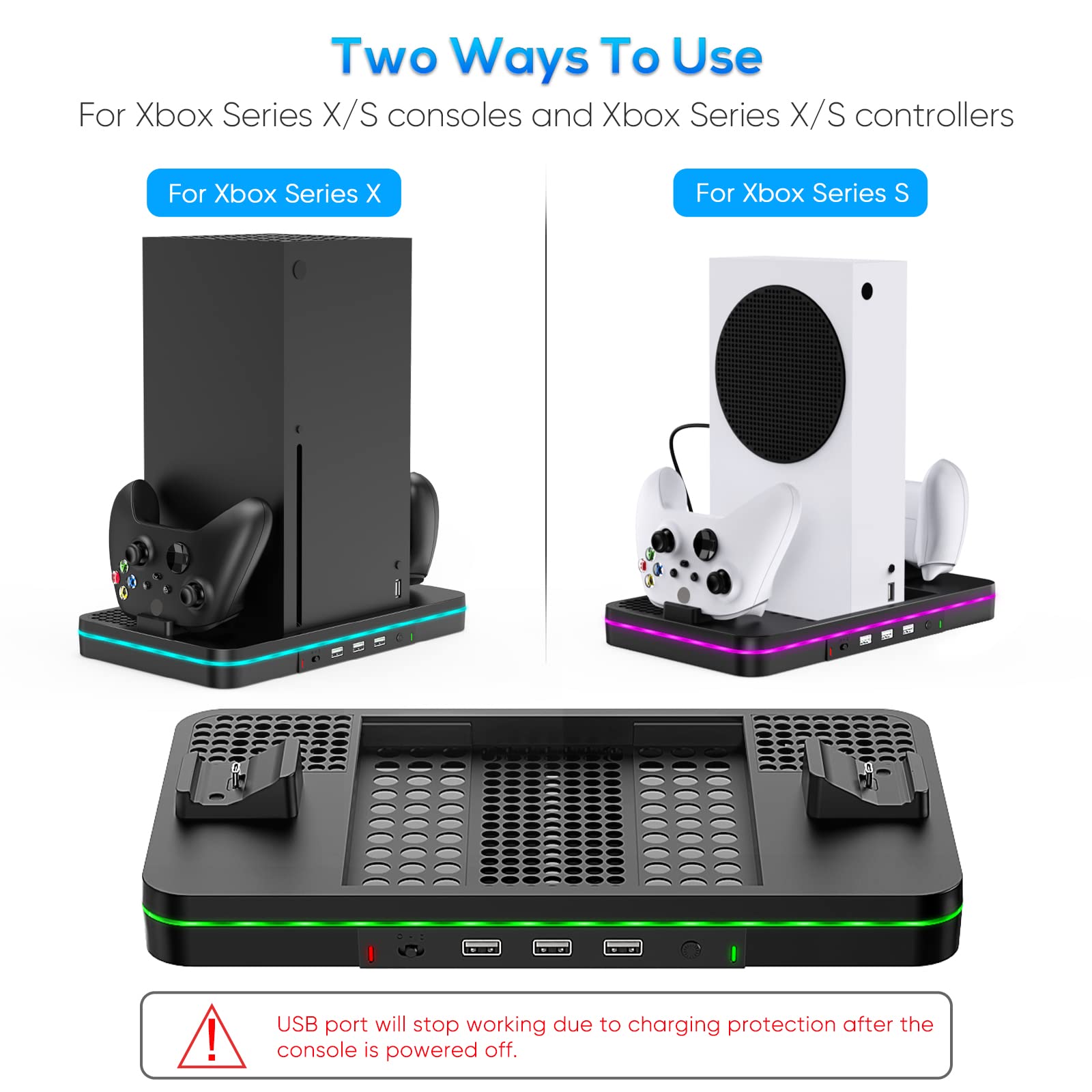 Vertical Cooling Stand for Xbox Series X/S, Dual Controller Charging Station for Xbox Series X/S with Cooling Fan 3 Hub USB Ports