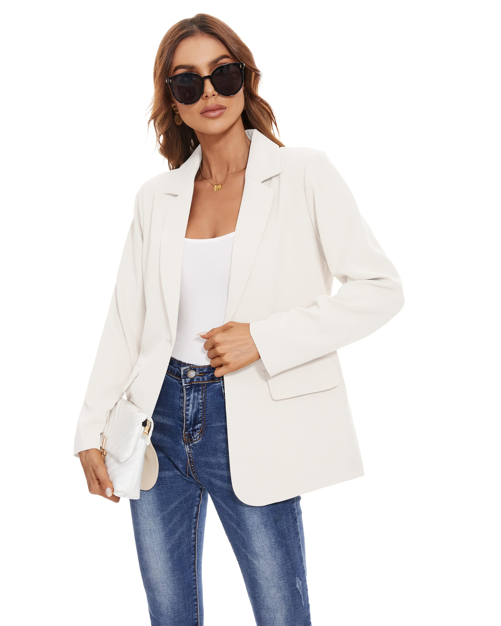 YAMANMAN Women's Casual Blazers Long Sleeve Open Front Lapel Collar Work Office Blazers Jacket with Pockets White