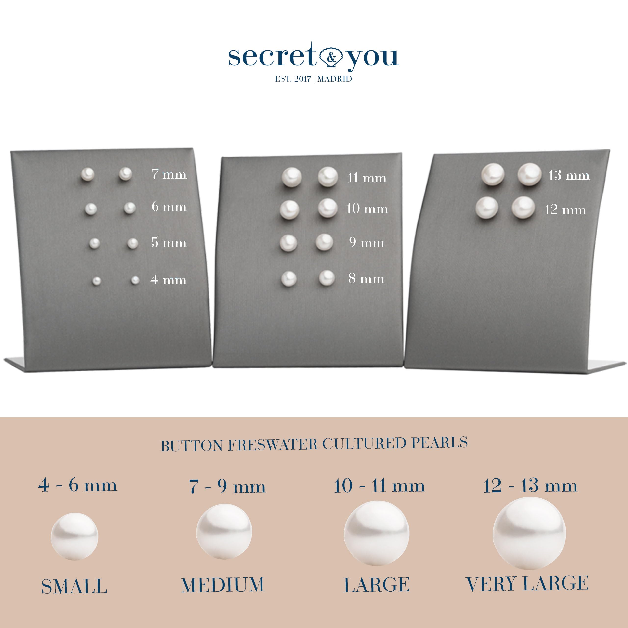 Women Pearl Stud Earrings. Fresh Water Cultured Pearls Button Shape Secret & You | 925 Sterling Silver Mounts | Available in 10 sizes from 4 mm to 13 mm