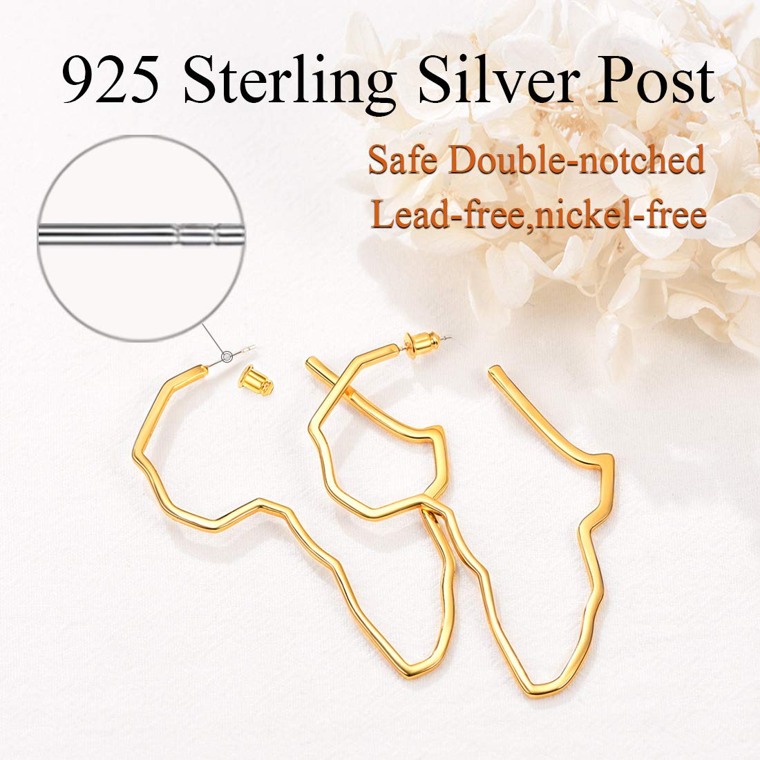 U7 African Map Earrings, 18K Gold Plated Lightweight Dangle Earrings with Silver Post Extra Large Statement Hip Hop Africa Shape Earrings for Women
