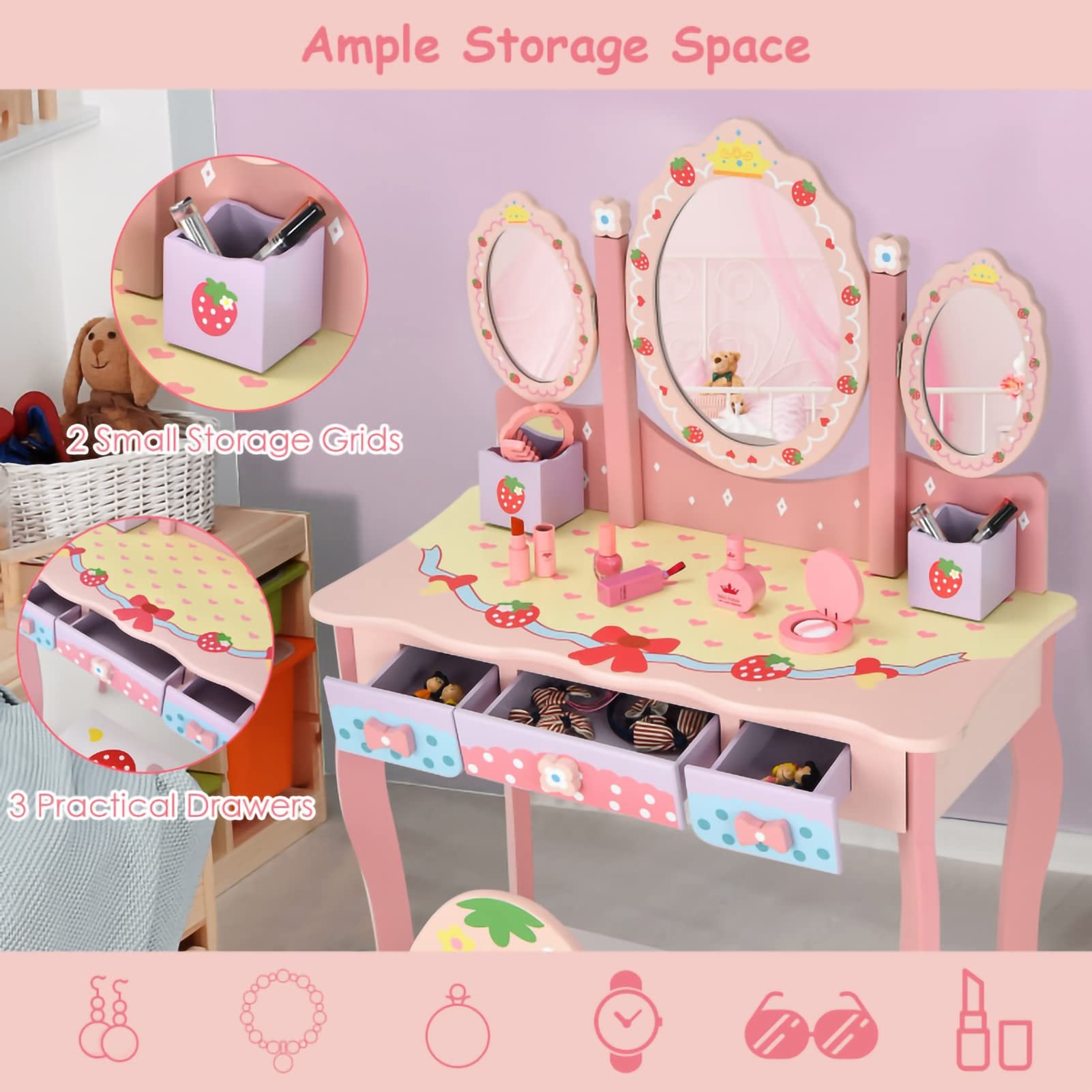 TUOCHUFUN Kids Vanity Princess Makeup Dressing Table Chair Set with Tri-fold Mirror (Pink)