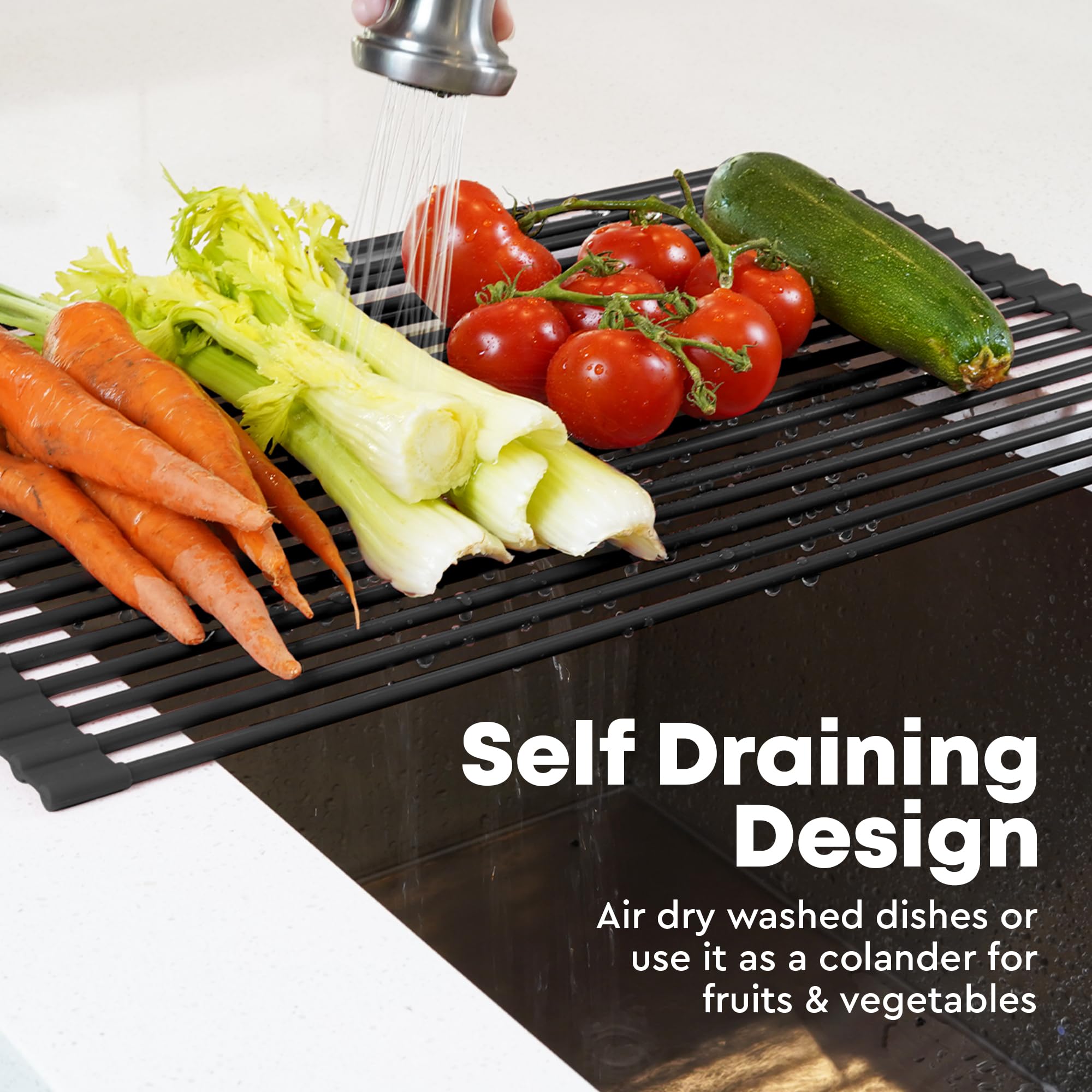 Zulay 20.5" x 13" Roll Up Drying Rack - Silicone-Coated Stainless Steel Over Sink Dish Drying Rack - Multipurpose Foldable Sink Rack for Kitchen Counter - Non-Slip, Heavy-Duty Drying Rack (Black)