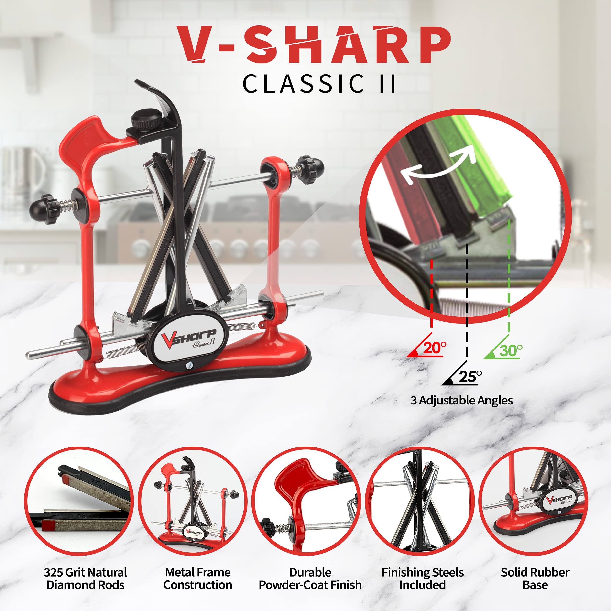 Warthog V-Sharp Classic II Knife Sharpeners, 325 Grit Diamond Rods with Adjustable Angles, Professional Knife Sharpener System, Metal Frame Construction, Red