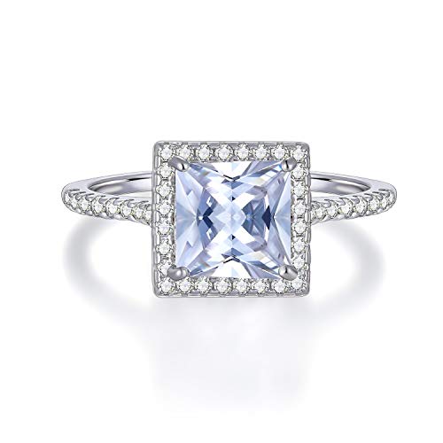 VOLUKA 925 Sterling Silver Square Halo Cubic Zirconia Eternity Wedding Engagement Ring Band for Women (6)
